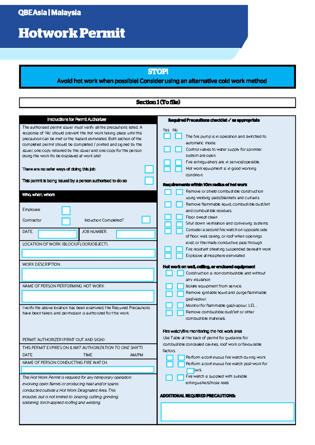 QMTG - Hotwork Permit - STOP! Avoid hot work when possible! Consider ...
