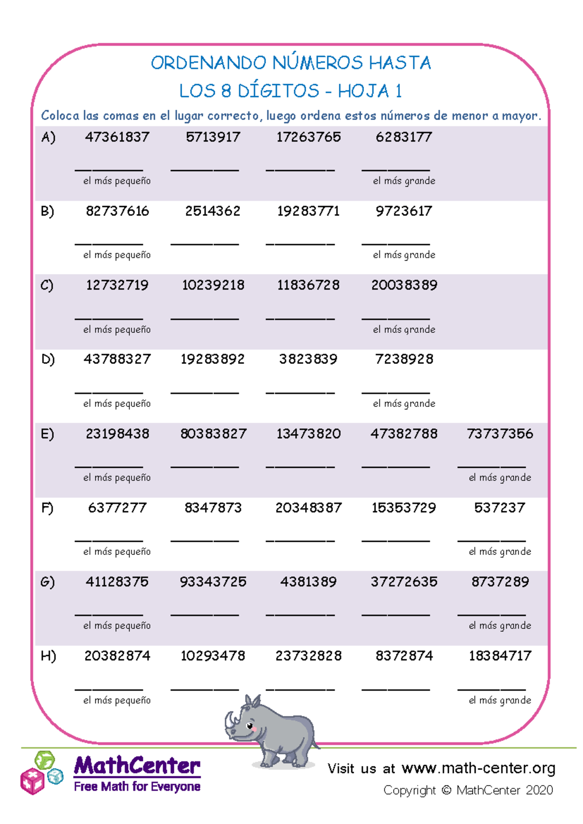 Ordenar números - ejercicios de repaso - Visit us at math-center ...