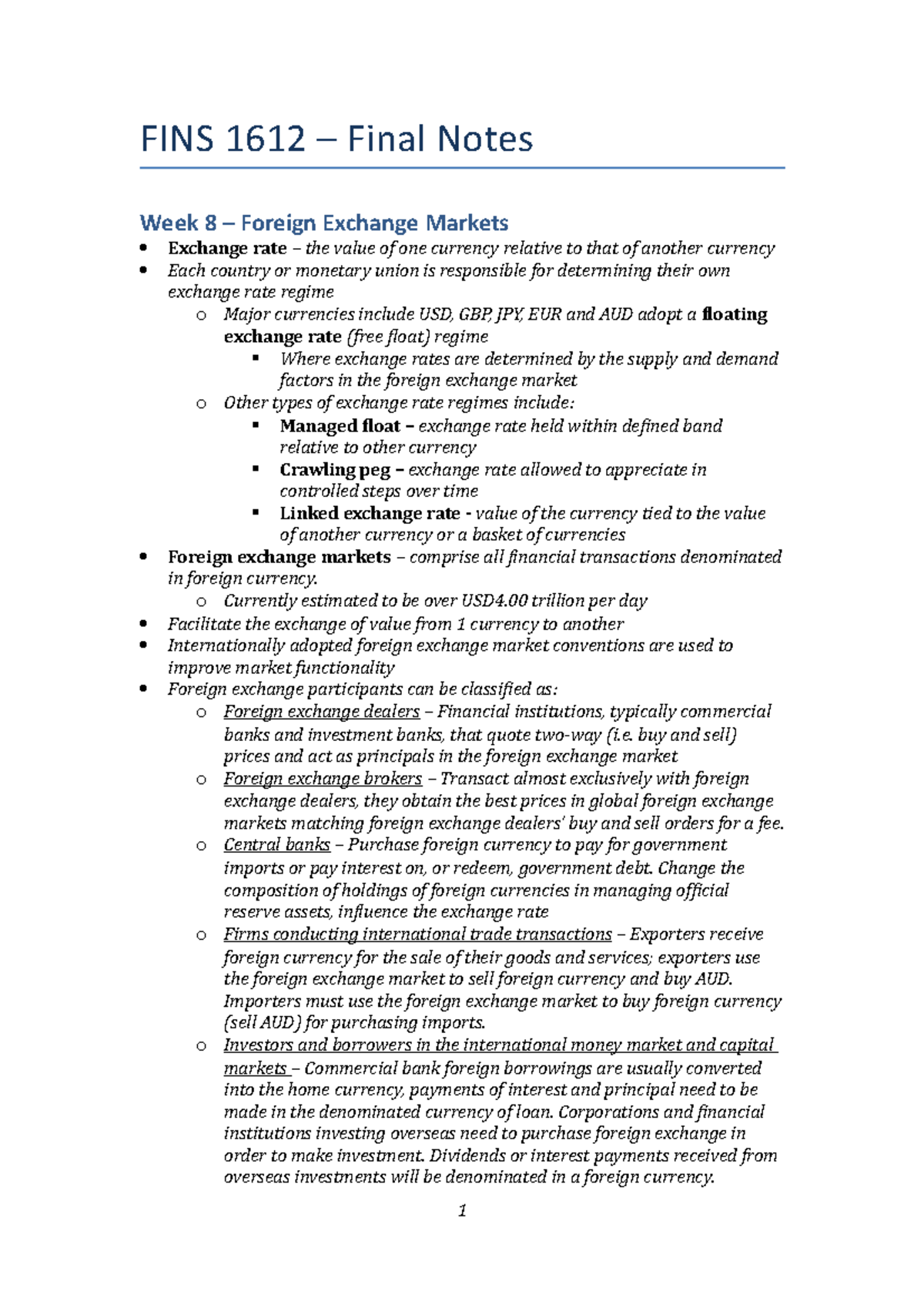 Summary - Notes for final exam covering all course material - FINS 1612 ...
