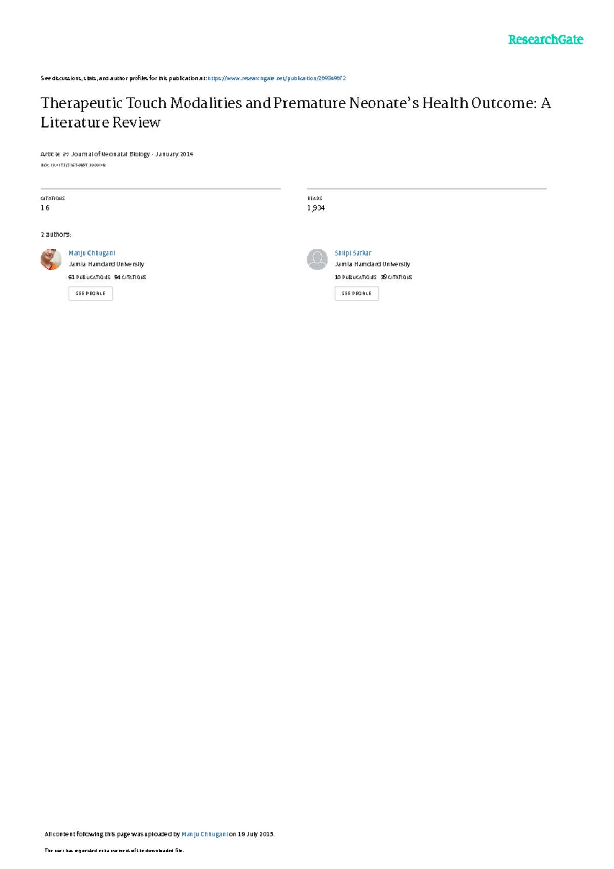 Therapeutic touch modalities and premature neonates health outcome a ...