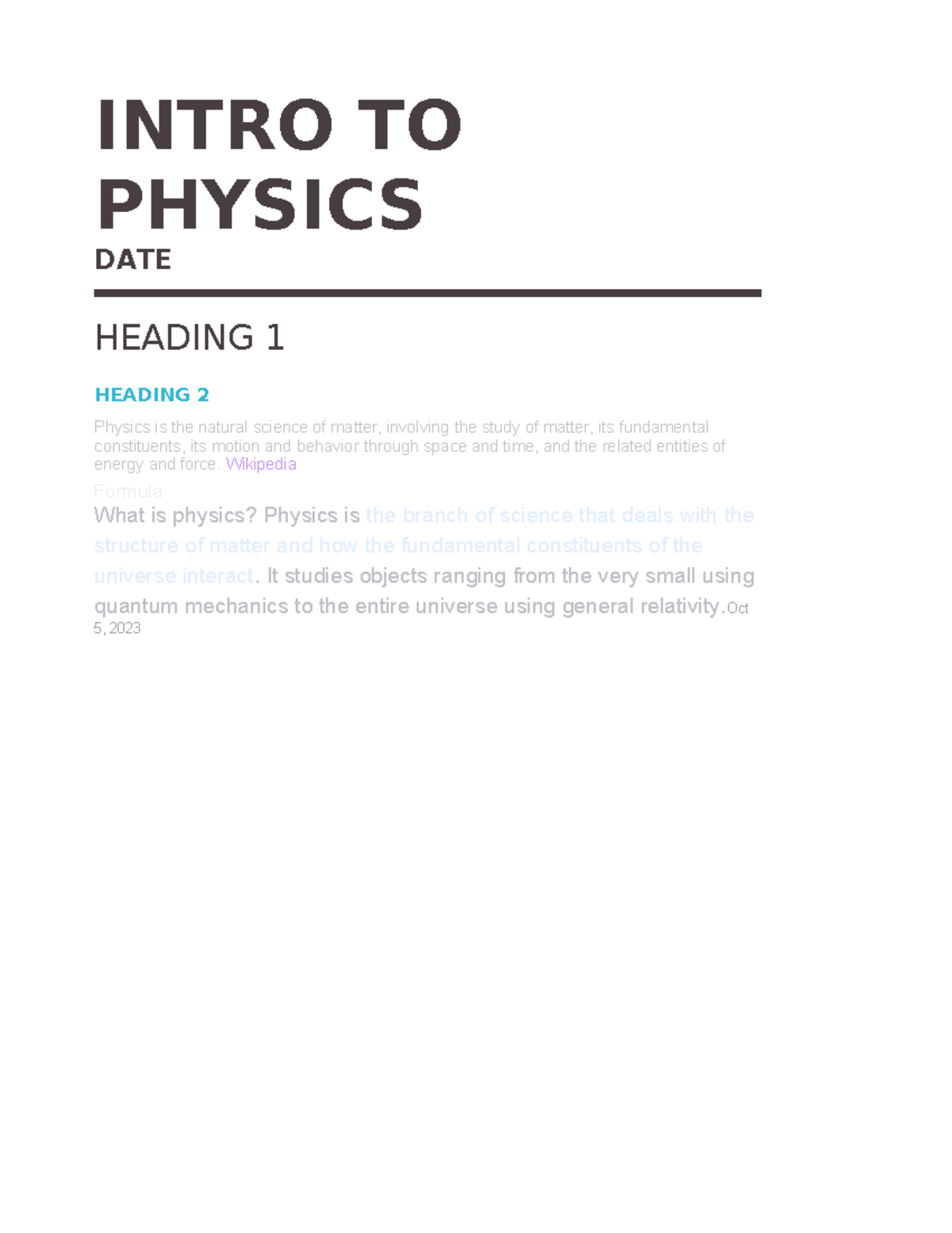 Physic - Spanish - INTRO TO PHYSICS DATE HEADING 1 HEADING 2 Physics is ...