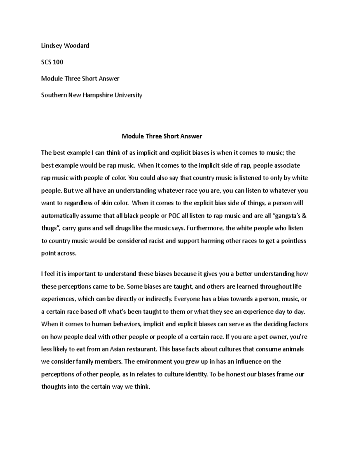 SCS- 100 3-3 Short Answer- Explicit and Implicit Biases - Lindsey ...