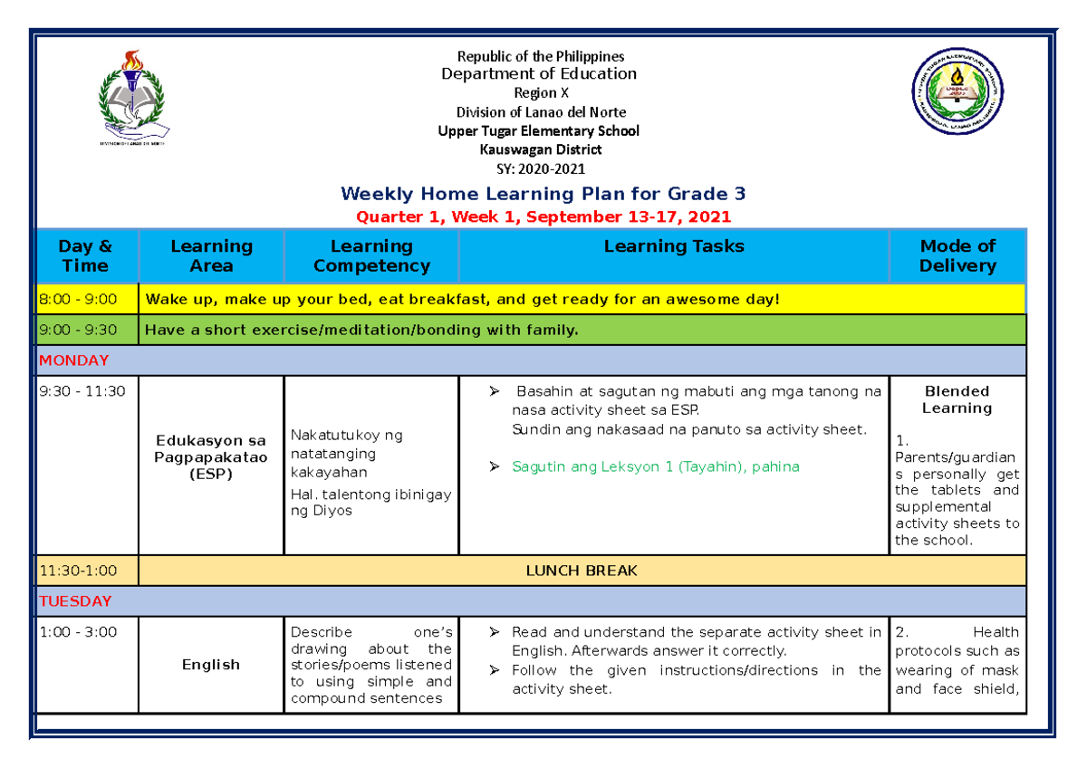 WHLP Grade 3 Format - none - Weekly Home Learning Plan for Grade 3 ...