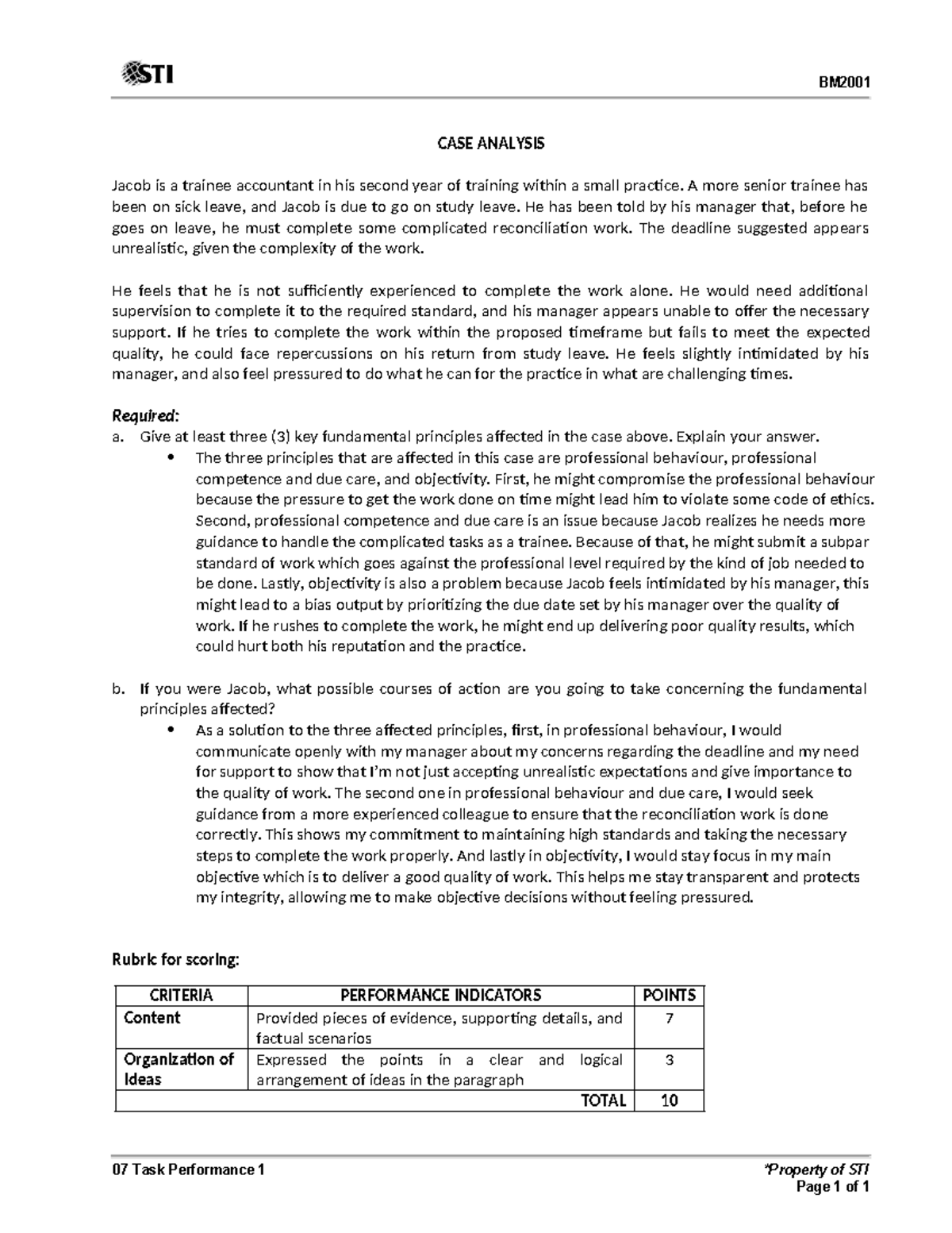 07 Task Performance 18 - Essay - BM CASE ANALYSIS Jacob is a trainee ...