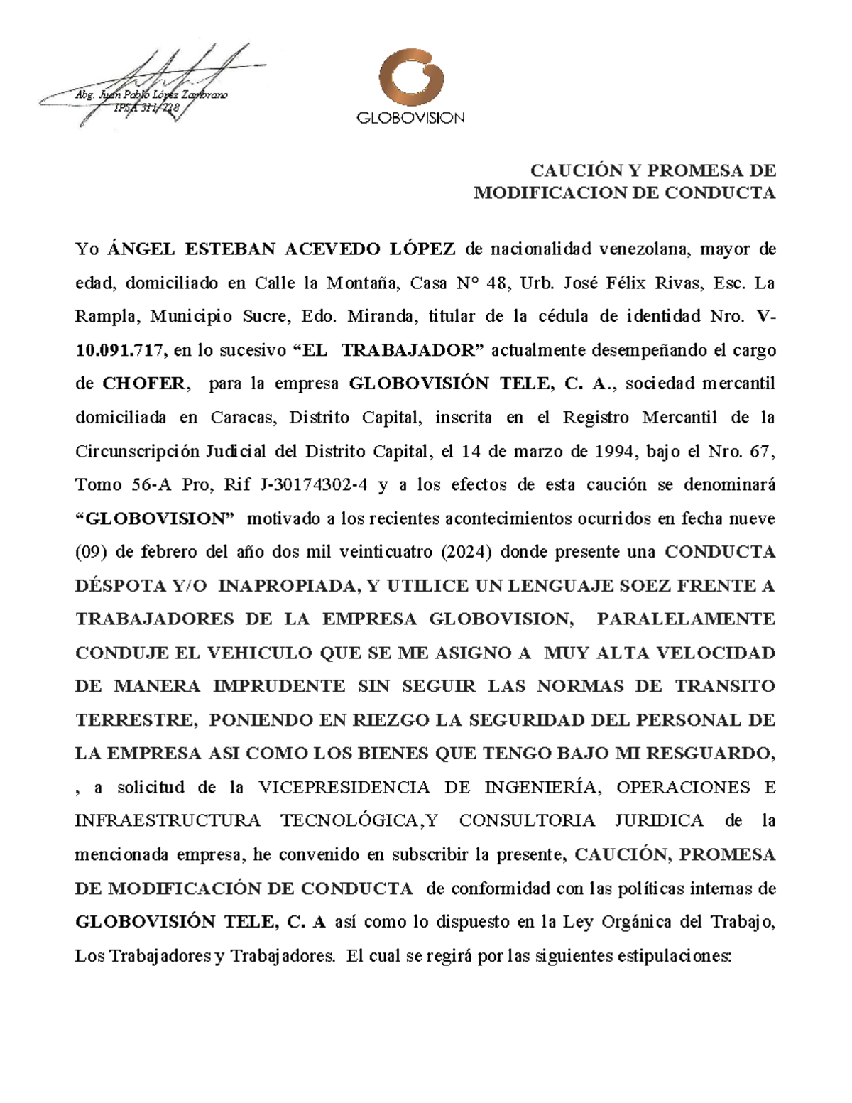 Caucion Acoso Sexual - Informe - Abg. Juan Pablo López Zambrano IPSA 311. 728 CAUCIÓN Y PROMESA ...