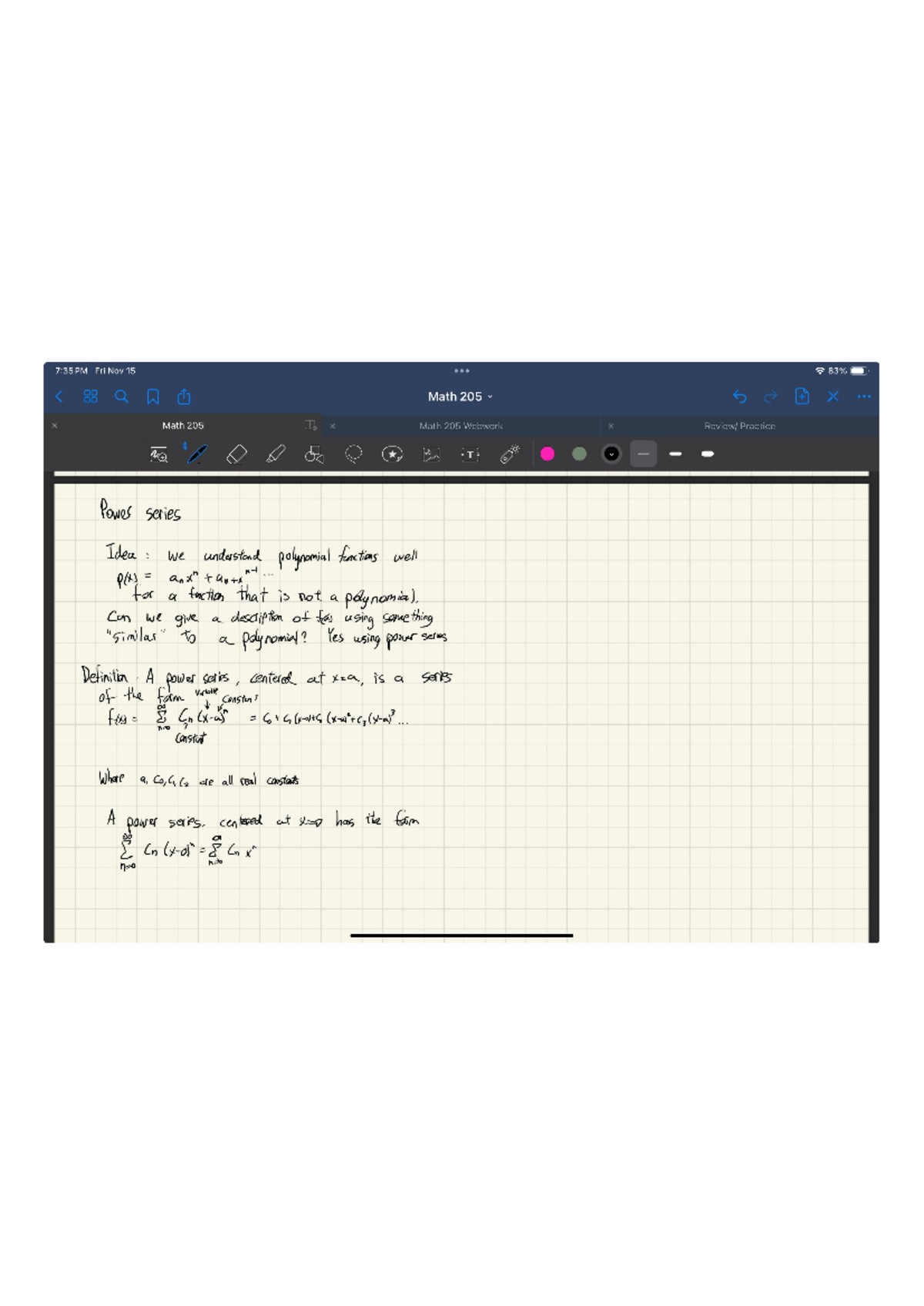 Power series with dr ben - MATH 205 - 7:35 PM Fri Nov 15 Math 205 V X ...