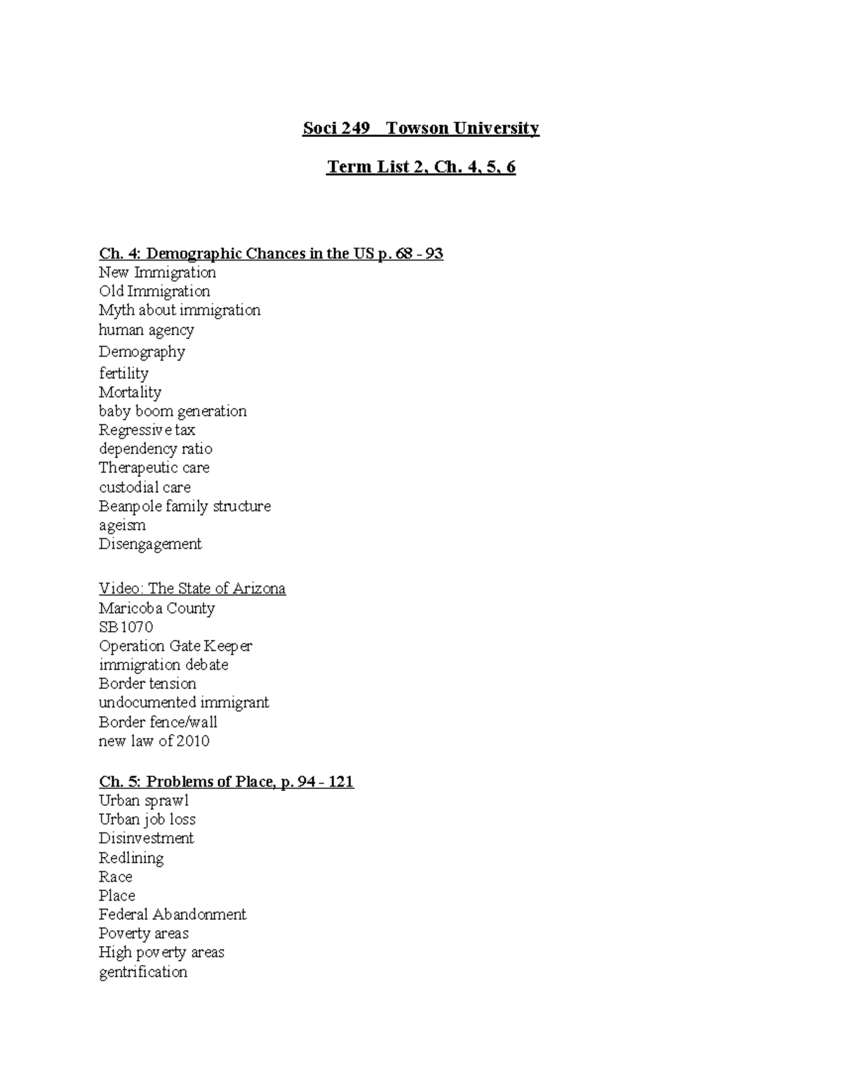 Termlist 2 Ch. 456 - Soci 249 Towson University Term List 2, Ch. 4, 5 ...