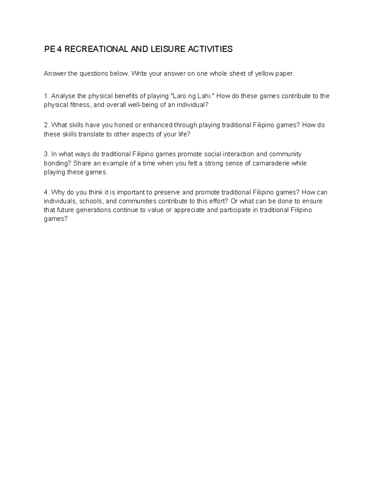 PE 4 Reflection Paper - Notes - PE 4 RECREATIONAL AND LEISURE ...
