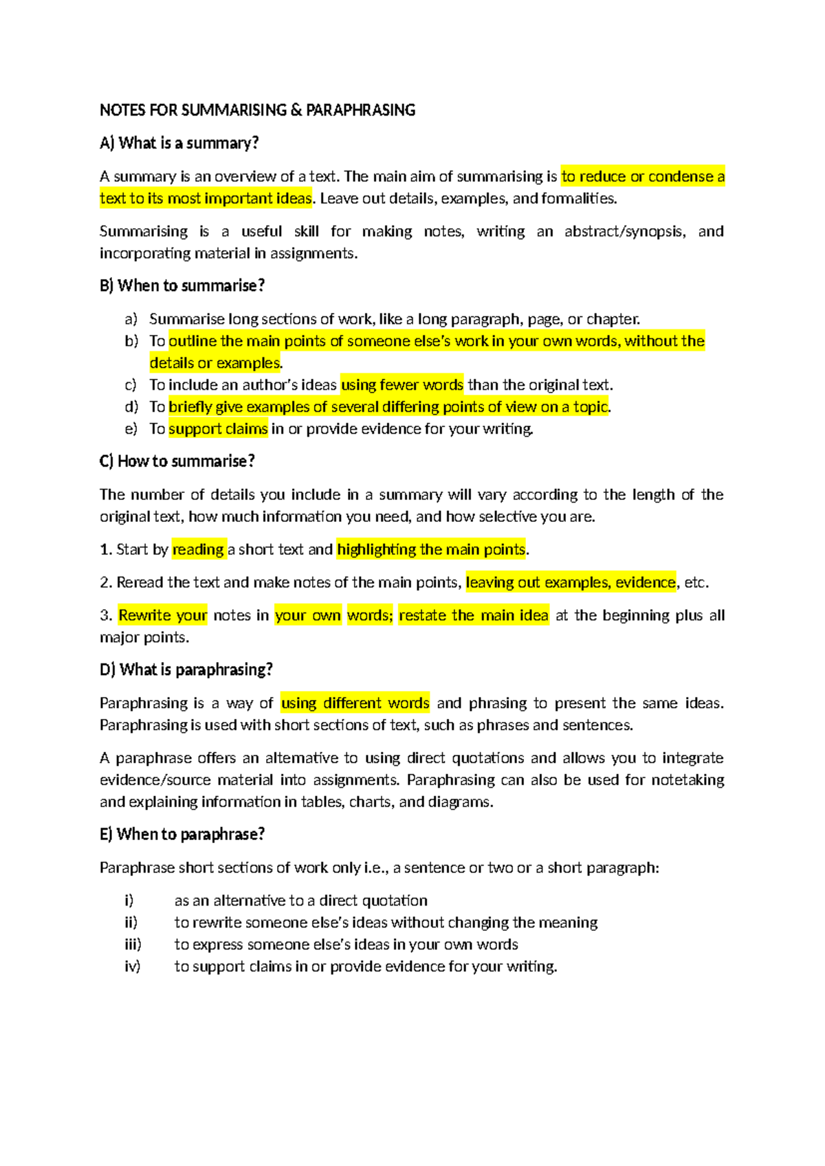 Notes for summarising paraphrasing - NOTES FOR SUMMARISING ...