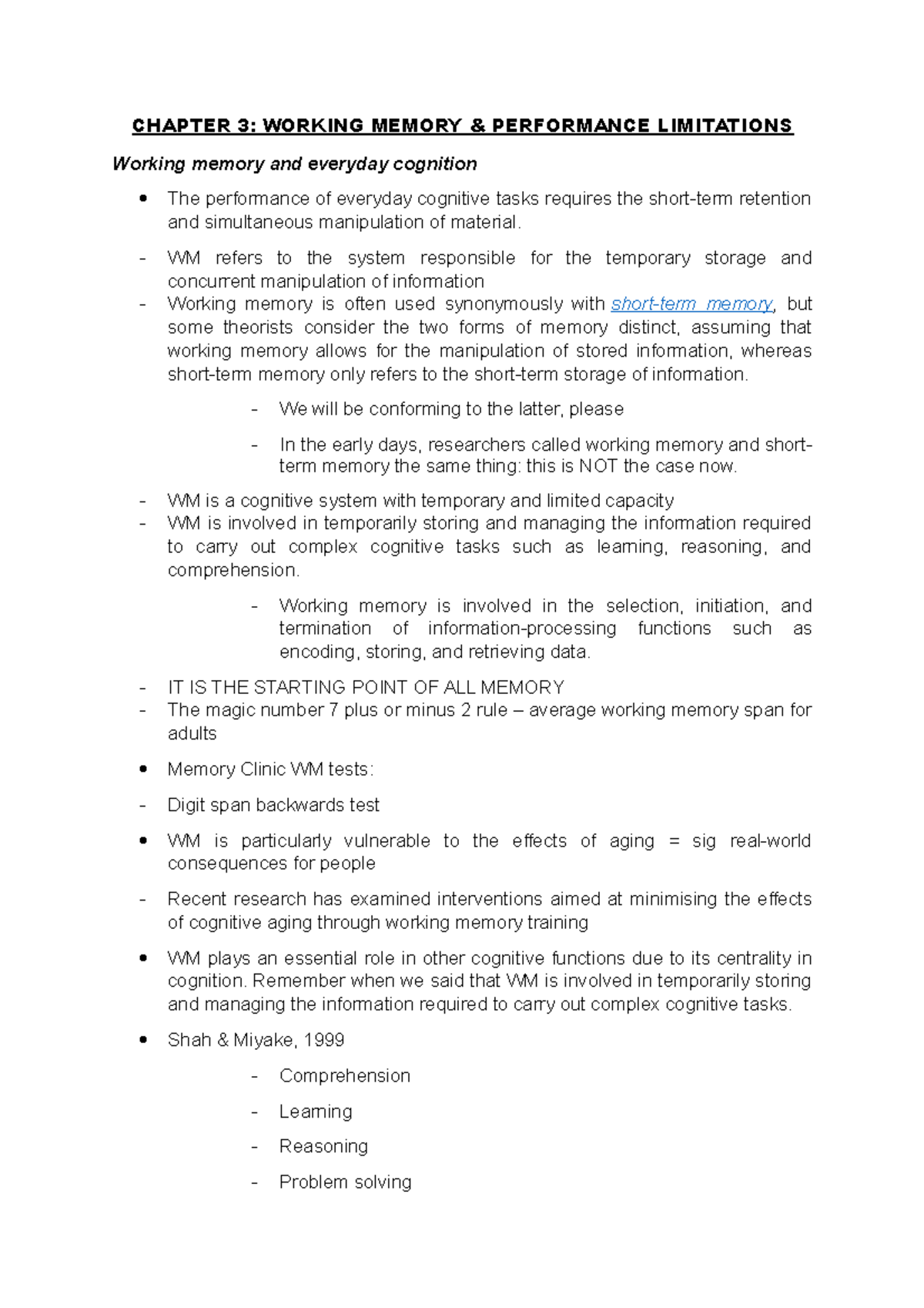 C3. Working Memory & Performance - CHAPTER 3: WORKING MEMORY & PERFORMANCE LIMITATIONS Working ...