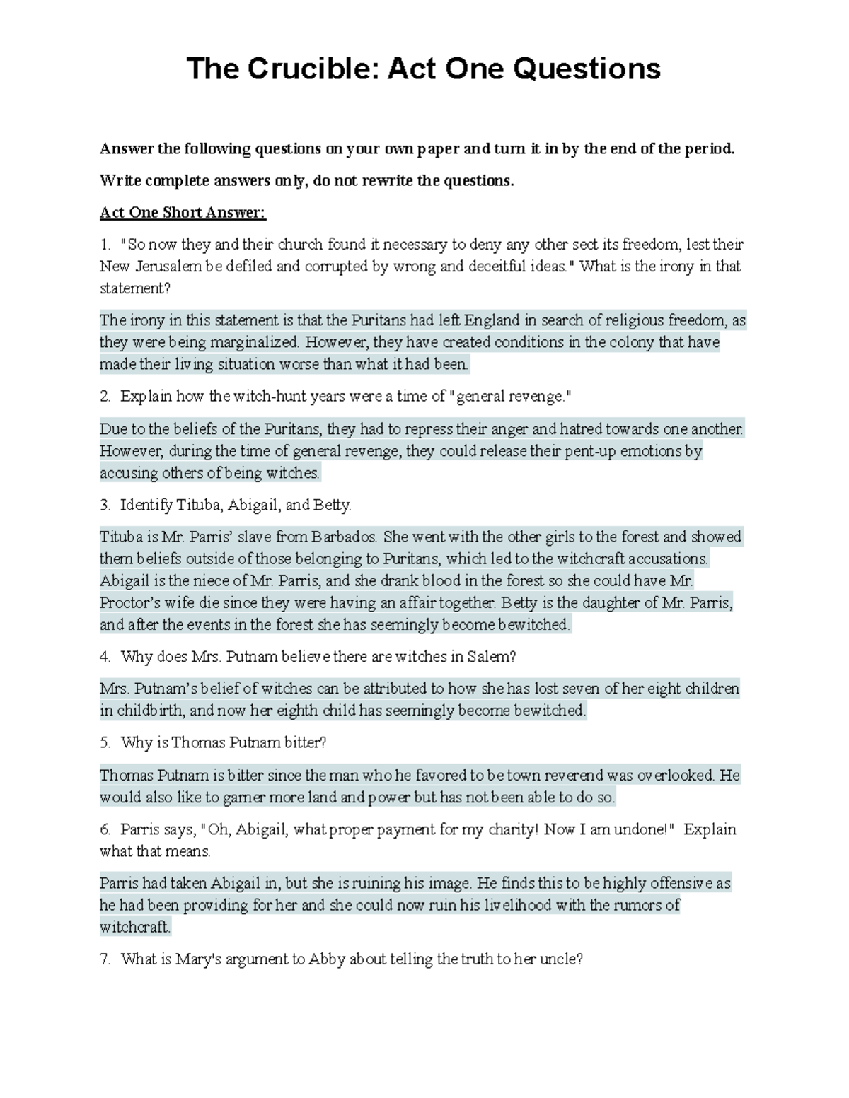 Crucible Act 1 Questions - The Crucible: Act One Questions Answer the ...