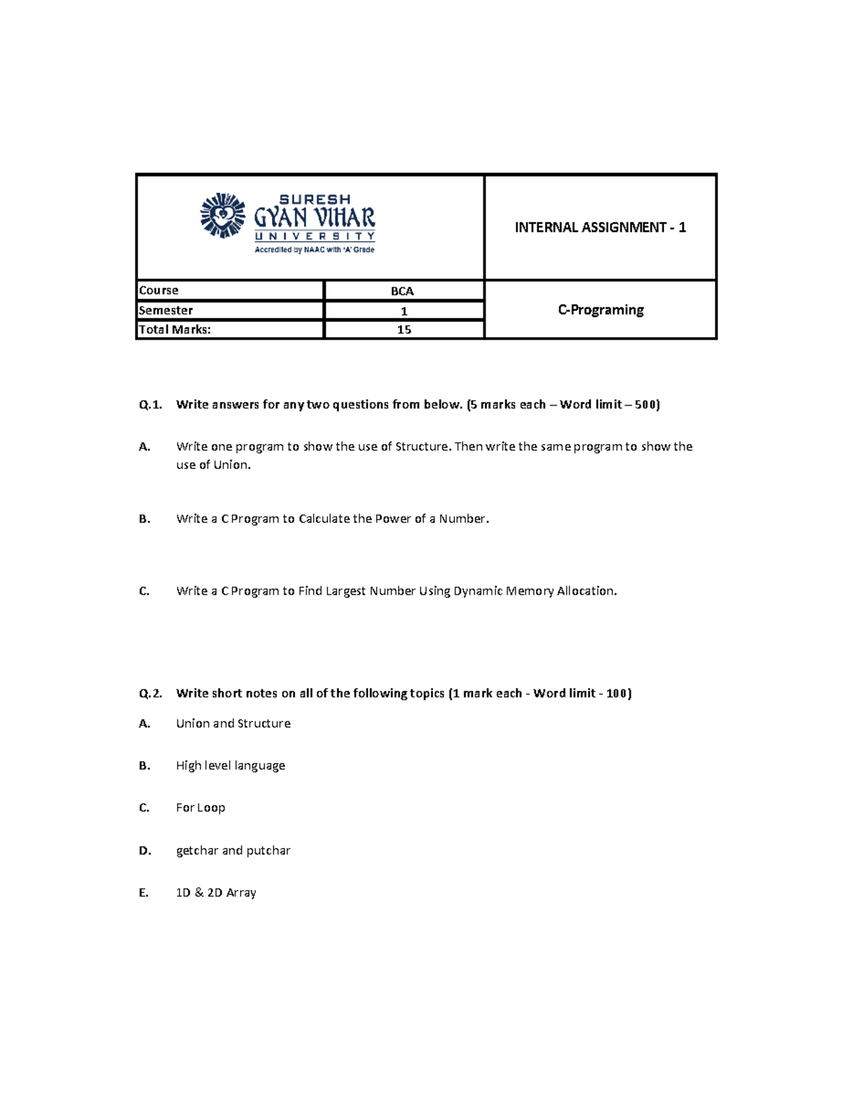 C-Programing - INTERNAL ASSIGNMENT - 1 BCA 1 15 Q. A. B. C. Q. A. B. C ...