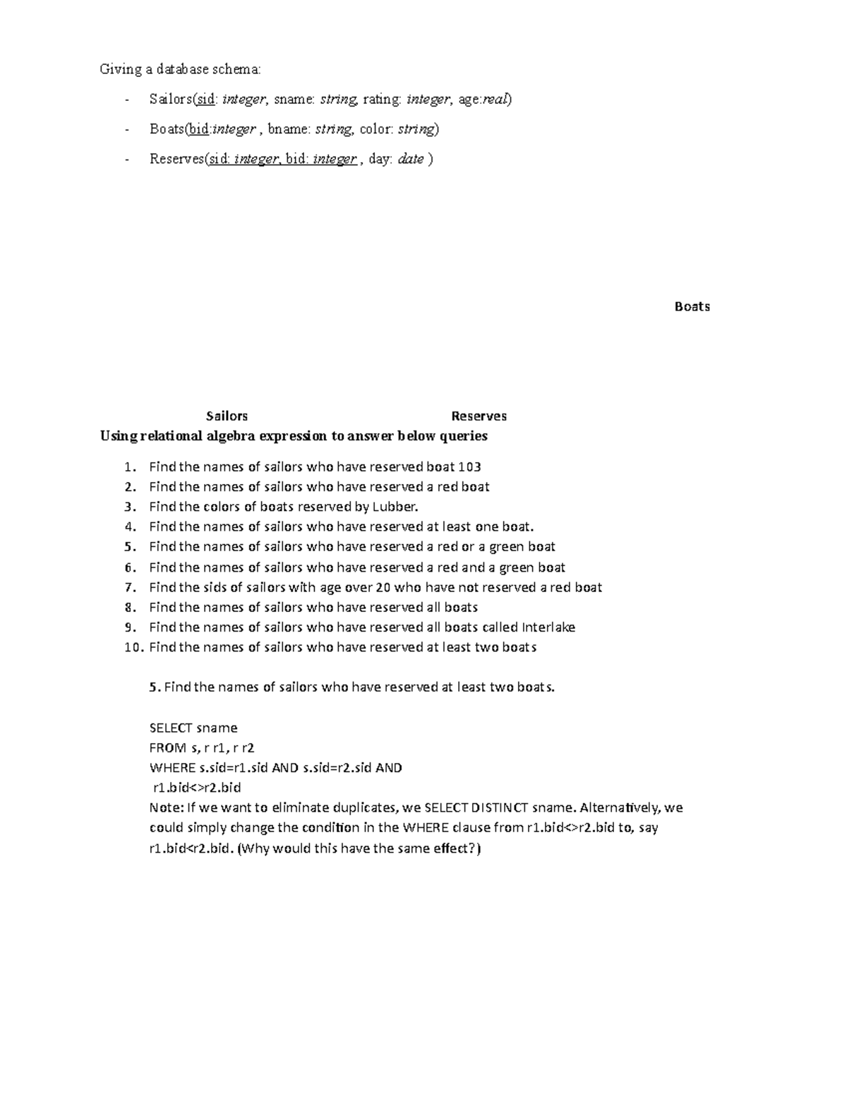 Lab1 - học kì 3 - Giving a database schema: Sailors(sid: integer, sname ...