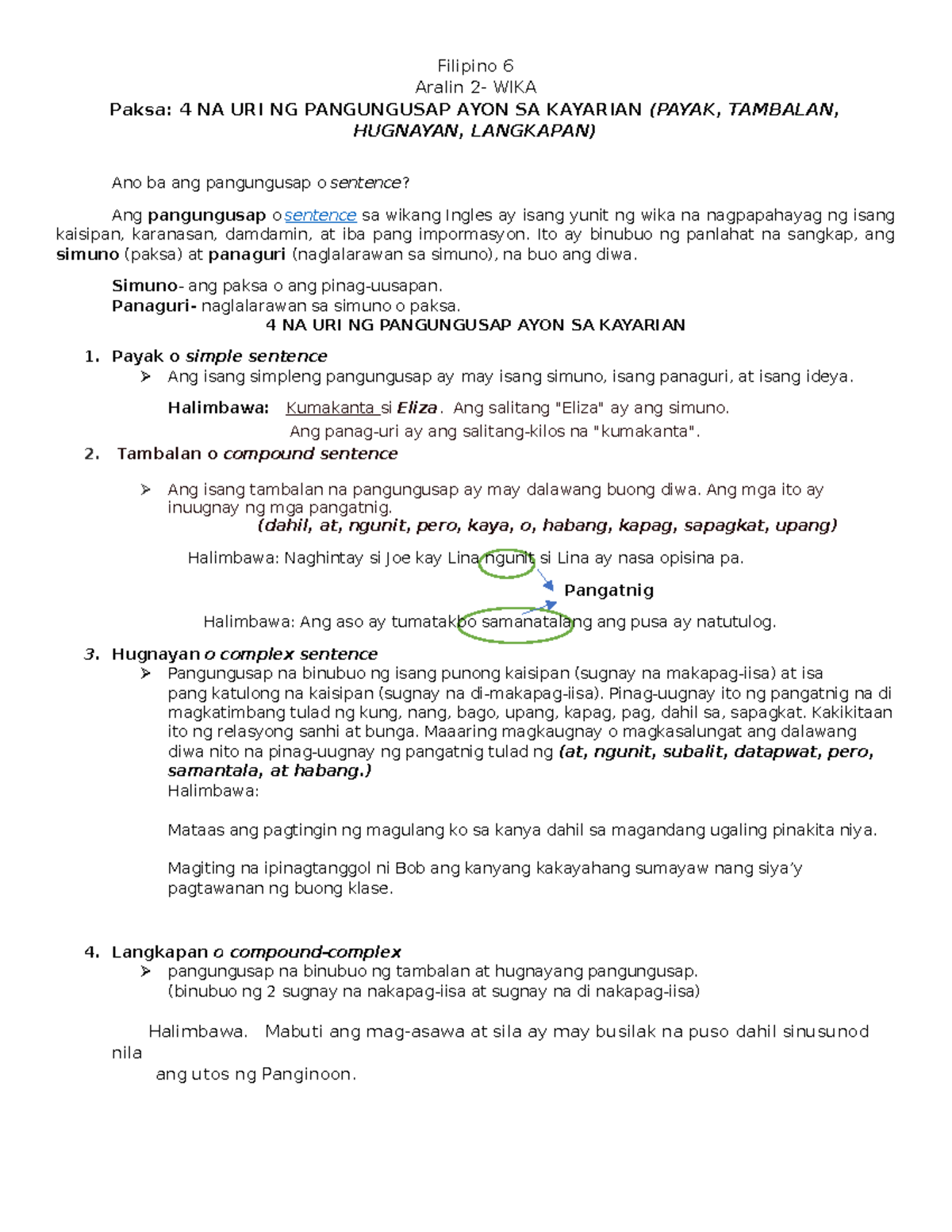 Filipino 6 - Notes - Filipino 6 Aralin 2- WIKA Paksa: 4 NA URI NG ...