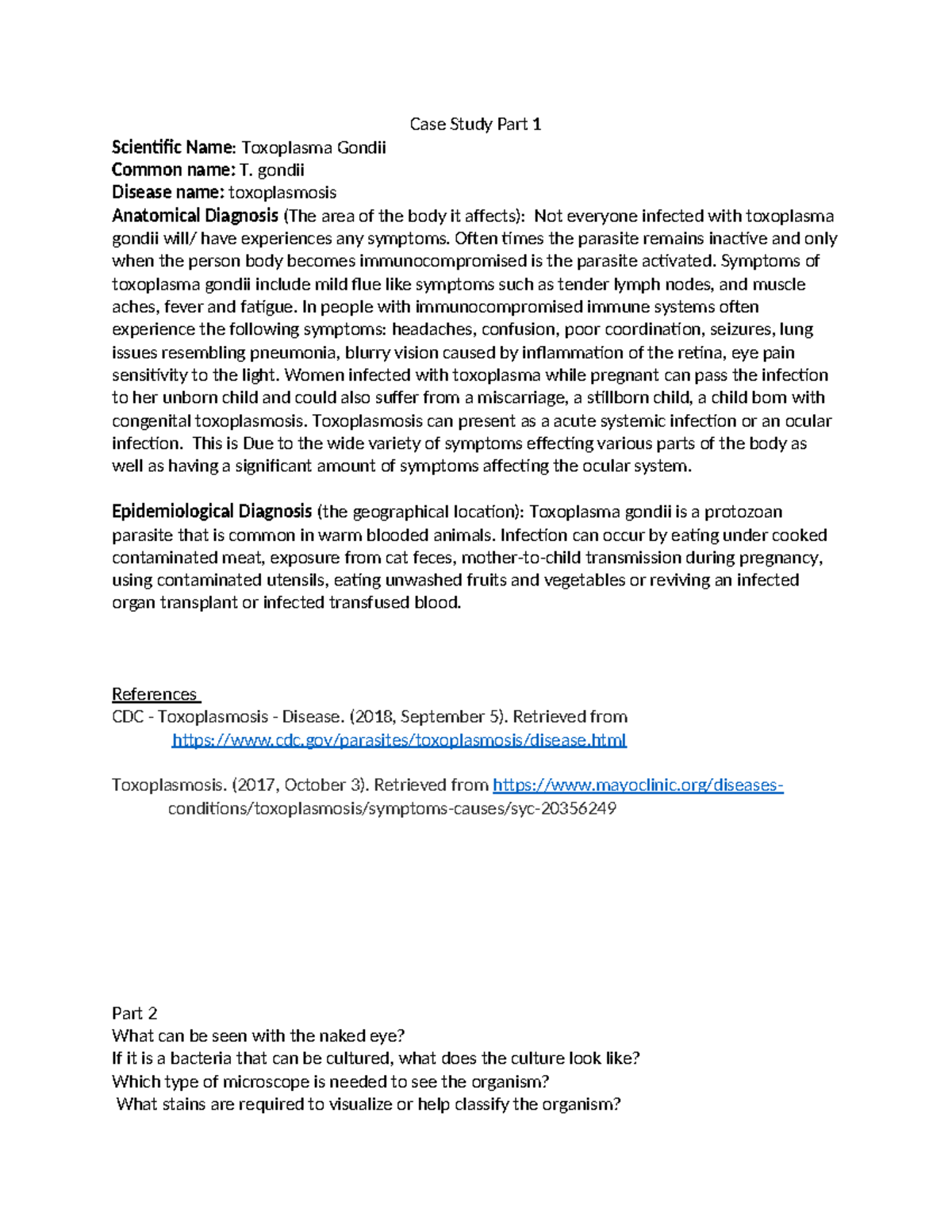 Case study Master guide - Case Study Part 1 Scientific Name: Toxoplasma ...
