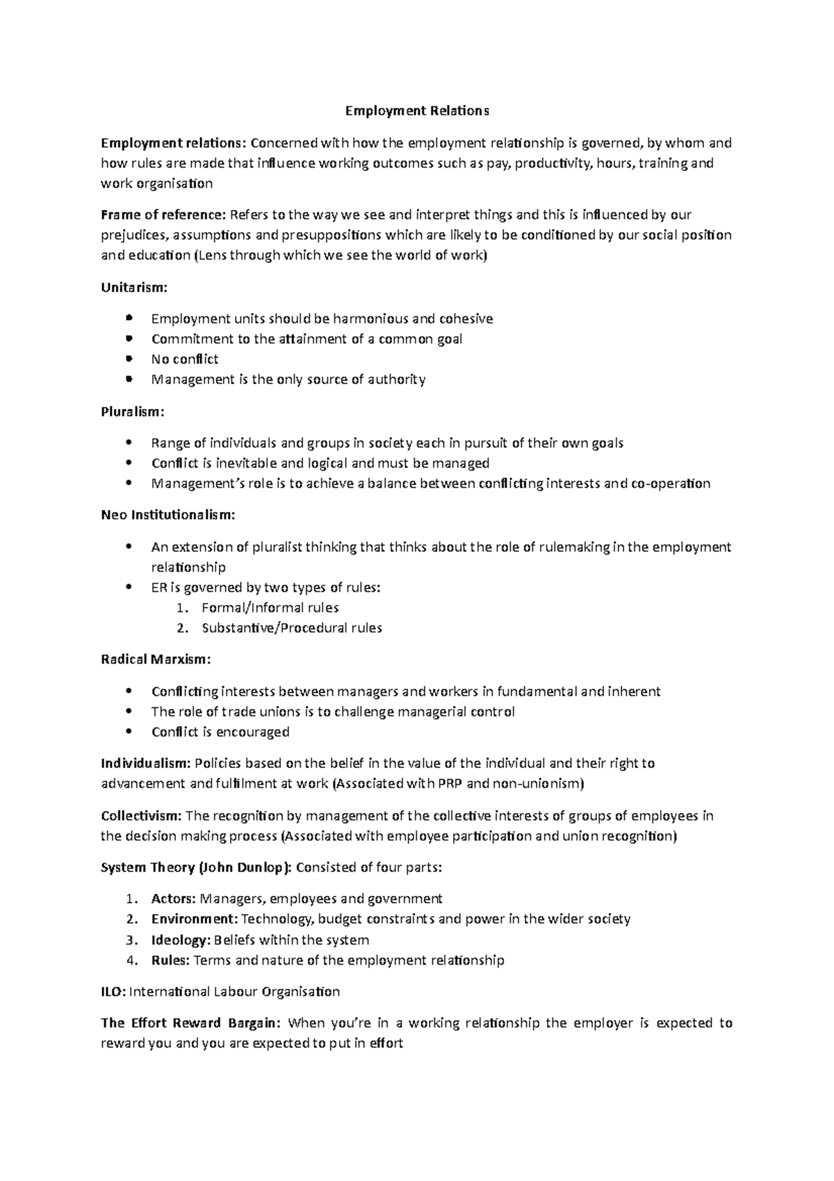 Employment Relations Course Content Summary - Employment Relations ...