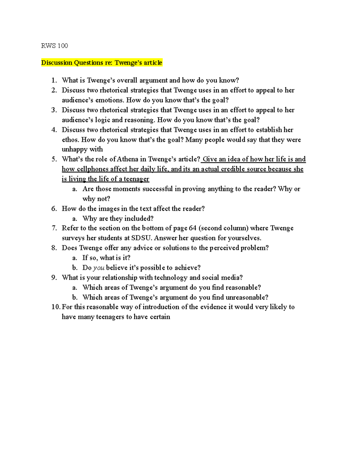 Copy of Discussion Questions re Twenge’s article - RWS 100 Discussion ...