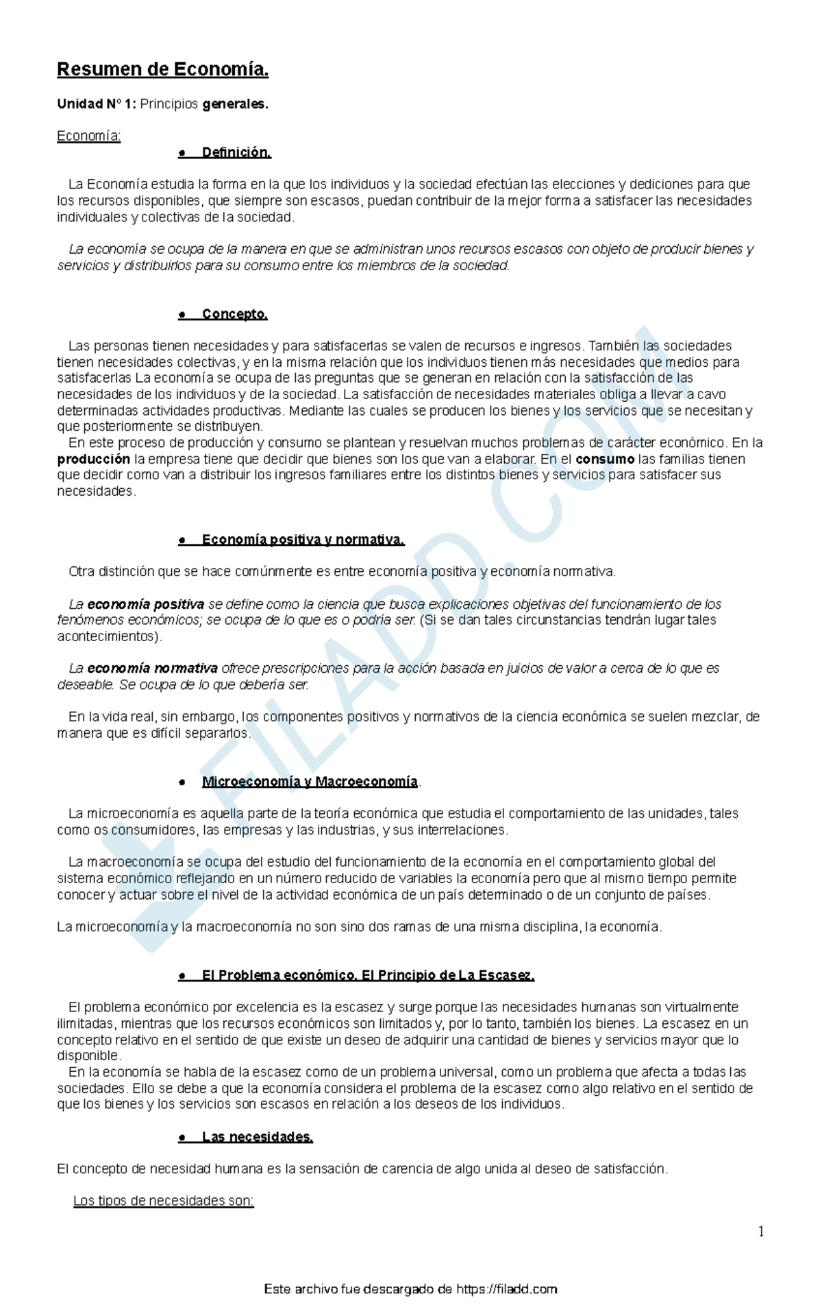 Resumeneconomiadocx - Resumen de Economía. Unidad Nº 1: Principios generales. Economía: - Studocu