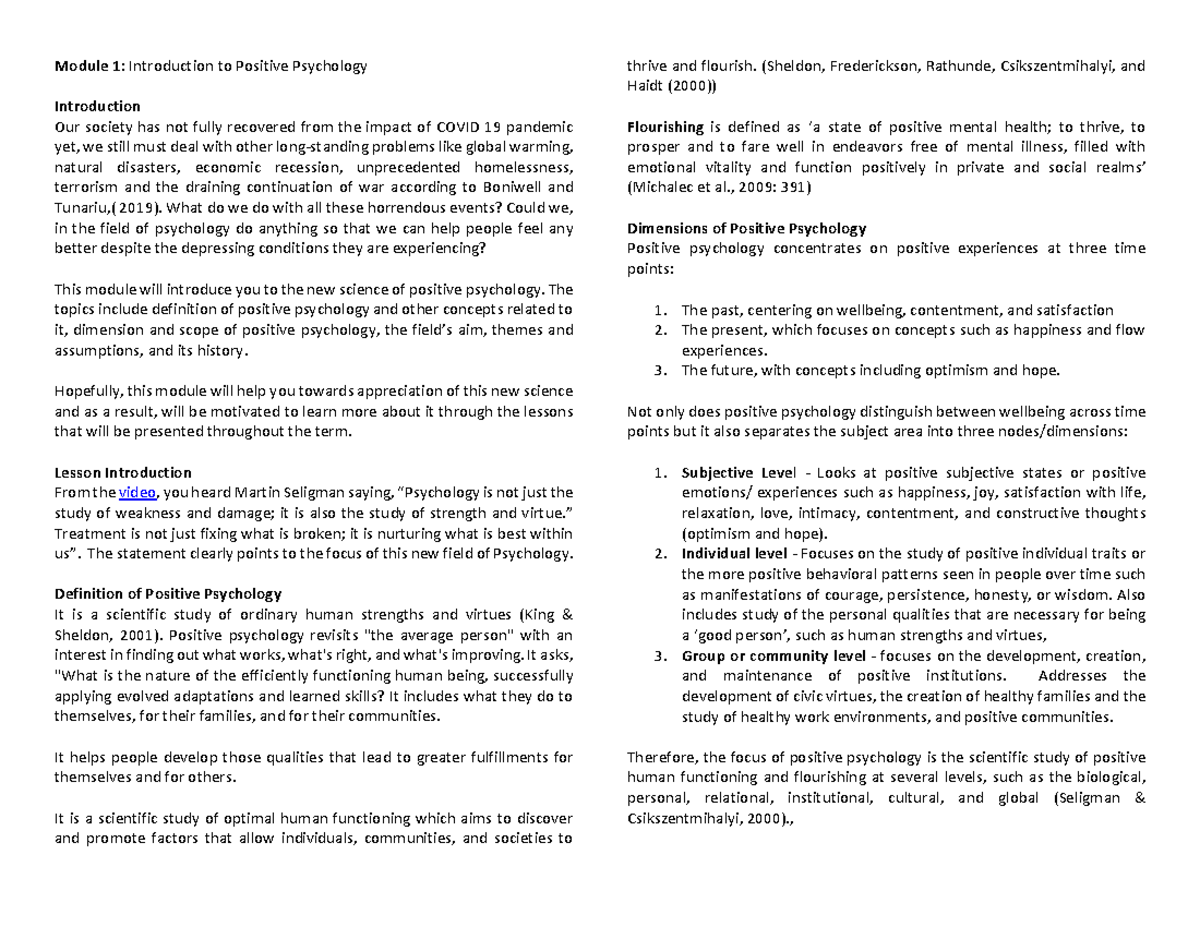 Positive Psych Module Midterms - Module 1: Introduction to Positive ...