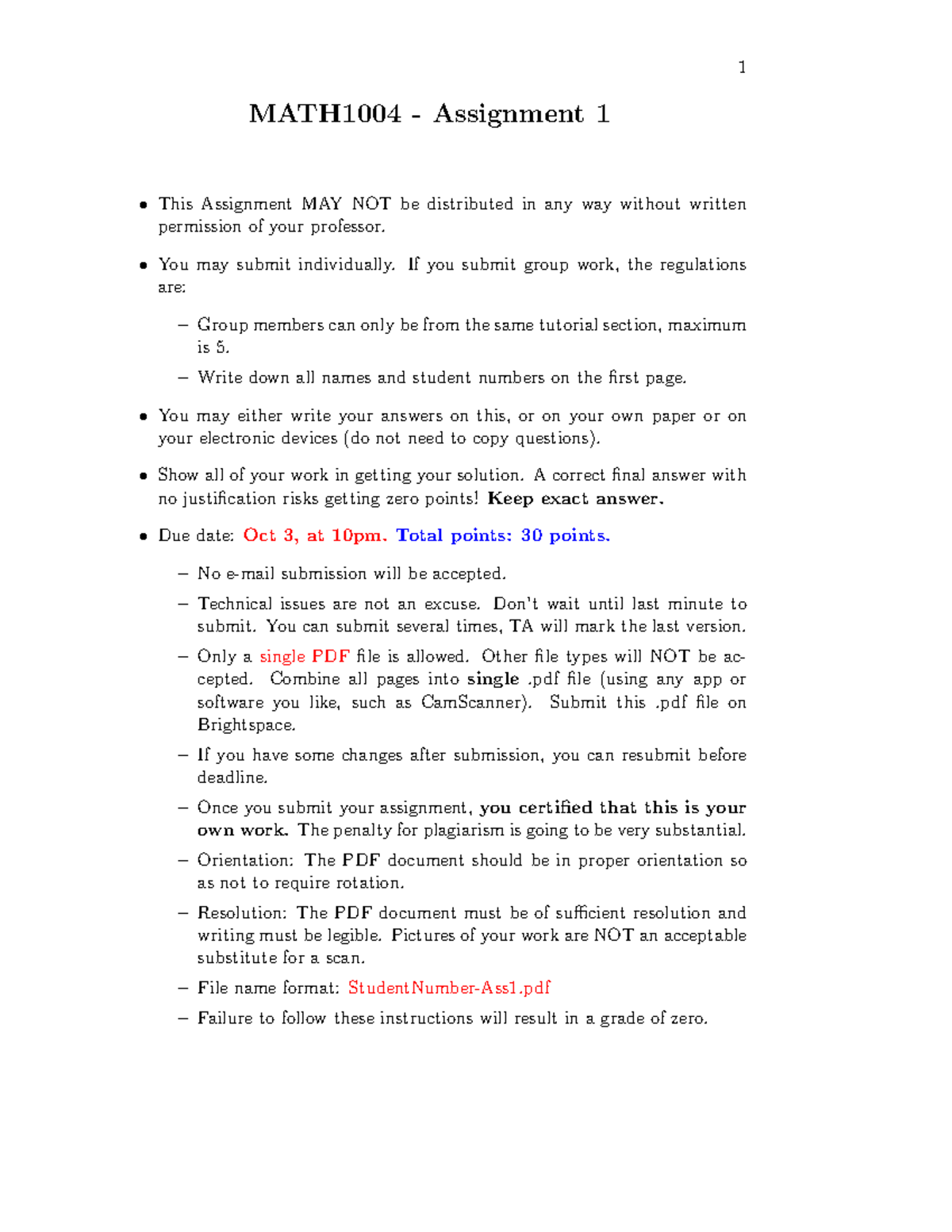 Math1004 F22 Ass1 sol - ccc - MATH1004 - Assignment 1 This Assignment ...