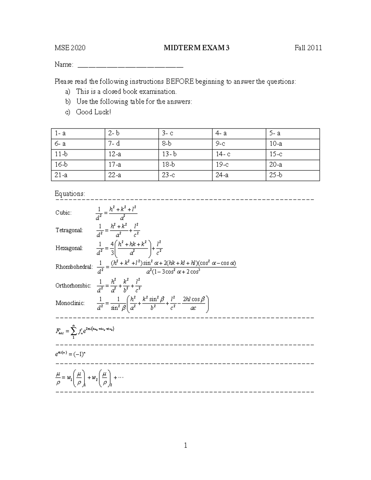 Exam3-11+Fall-solution - ####### MSE 2020 MIDTERM EXAM 3 Fall 2011 ####### Name: - Studocu
