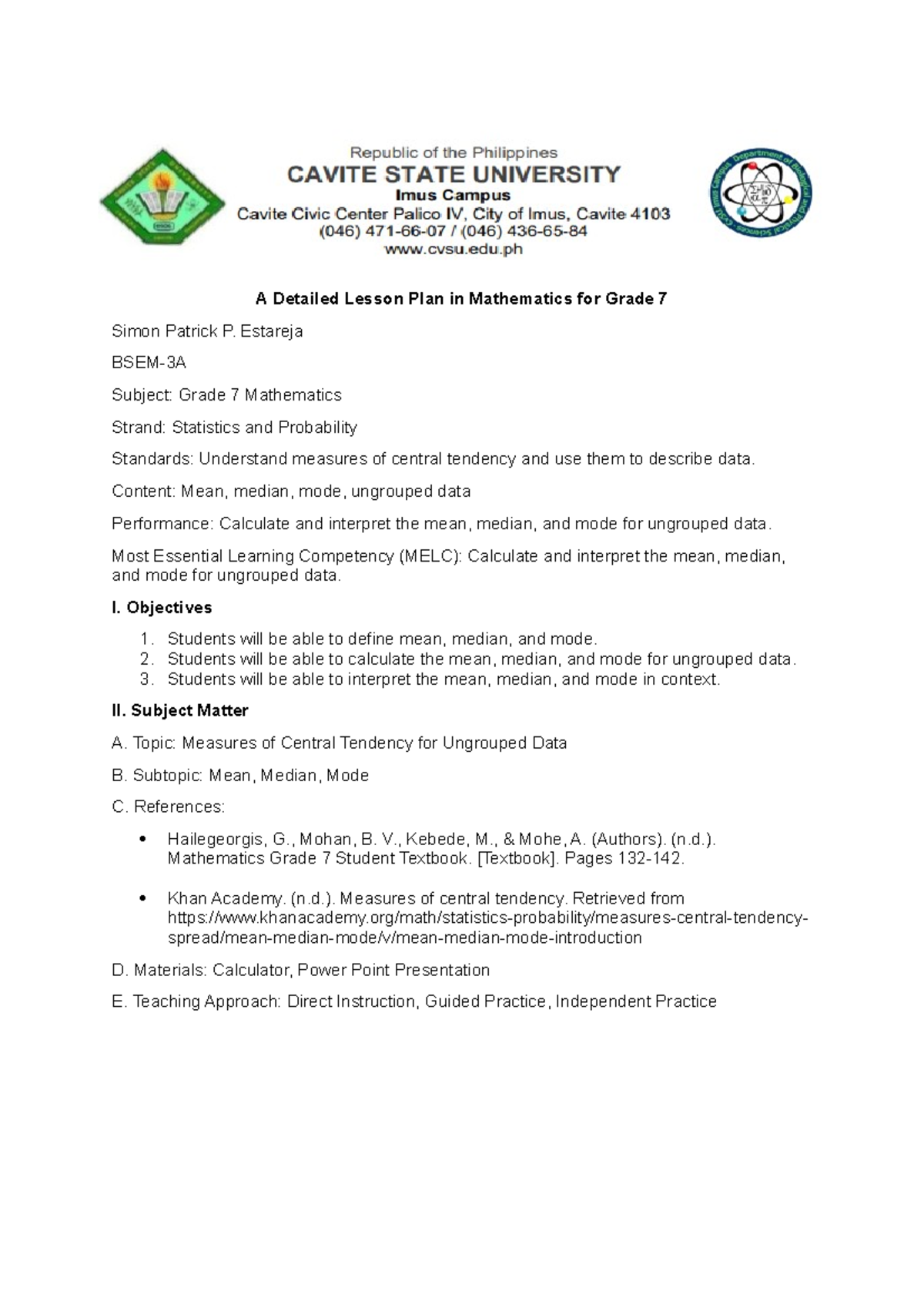 Detailed Lesson Plan - Estareja BSEM-3A Subject: Grade 7 Mathematics ...