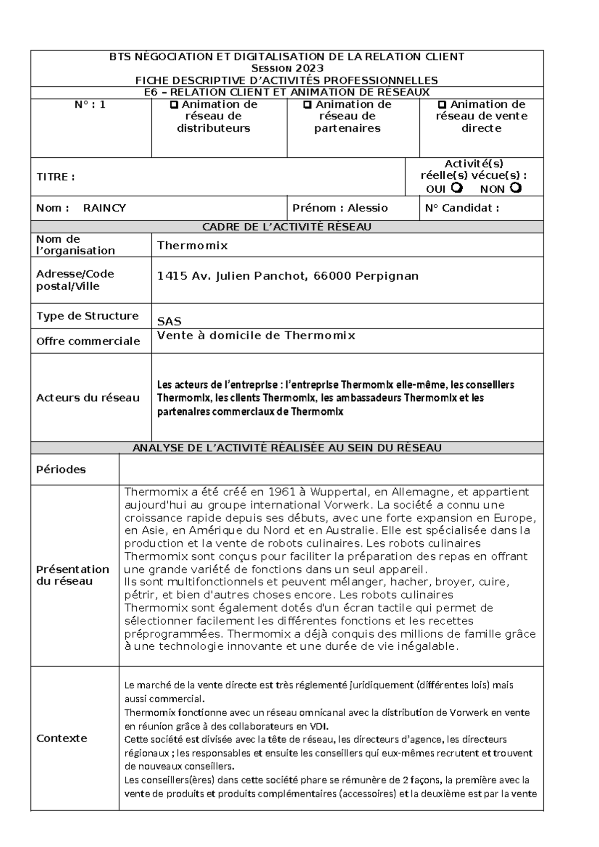 Fiche E6 thermomix - BTS NÉGOCIATION ET DIGITALISATION DE LA RELATION CLIENT SESSION 2023 FICHE ...