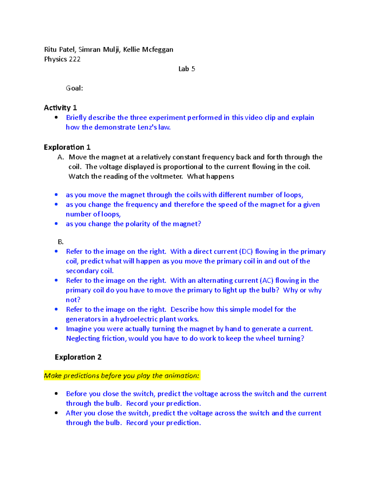 lab 5 physics 222 - Ritu Patel, Simran Mulji, Kellie Mcfeggan Physics ...