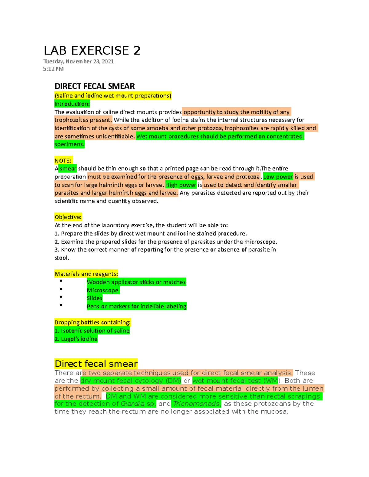 Direct Fecal Smear - additional notes - LAB EXERCISE 2 Tuesday ...
