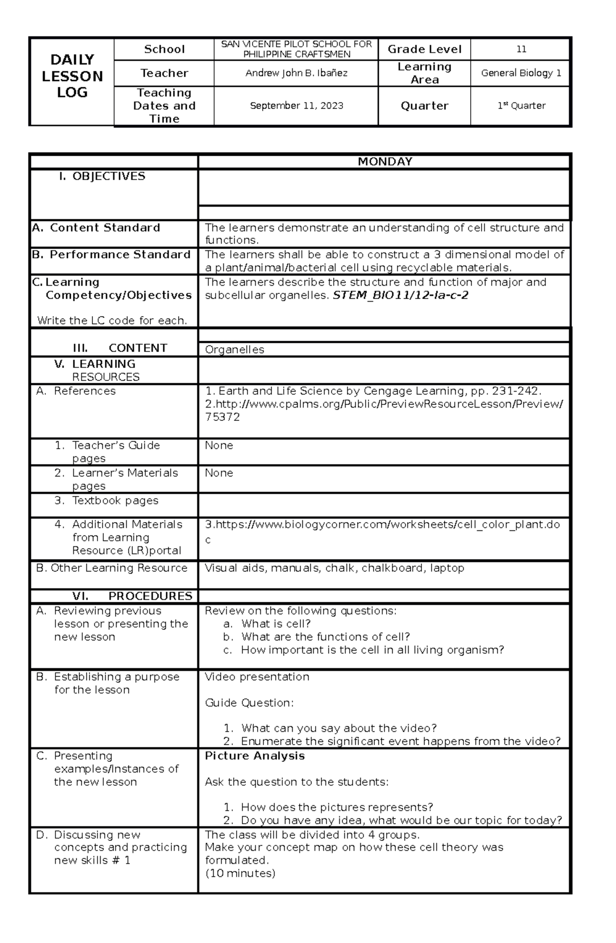 Daily Lesson LOG 9-11-23 - DAILY LESSON LOG School SAN VICENTE PILOT ...
