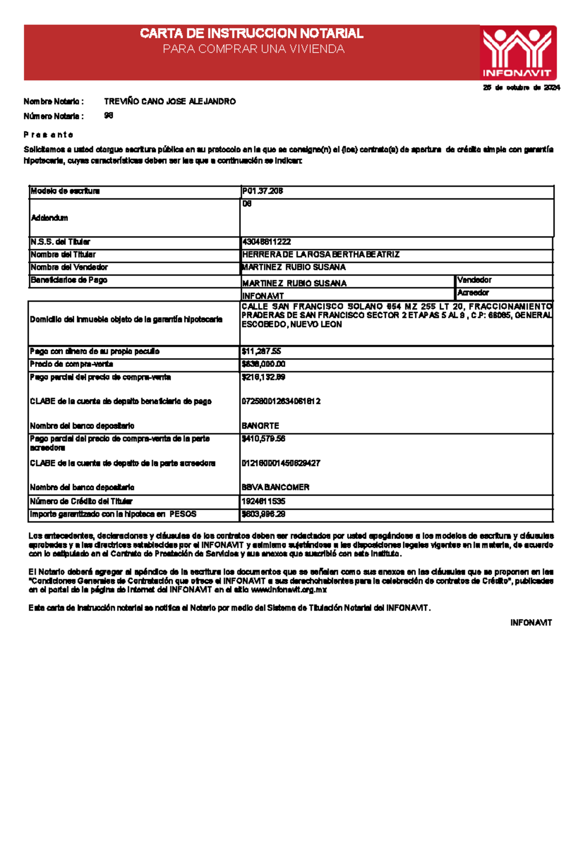 Carta instruccion 1924611535 - 25 de octubre de 2024 Nombre Notario ...