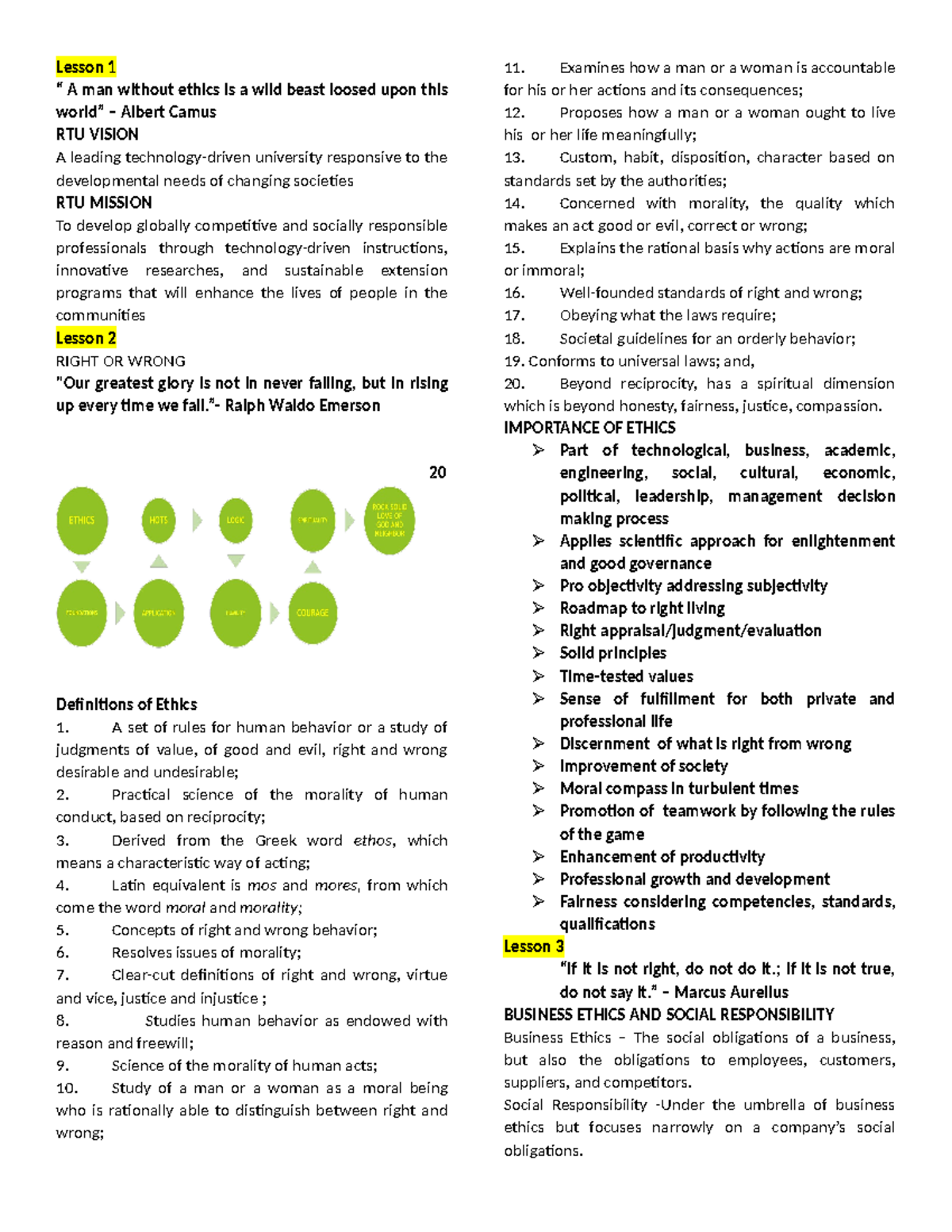 Ethics reviewer - Lesson 1 “ A man without ethics is a wild beast ...