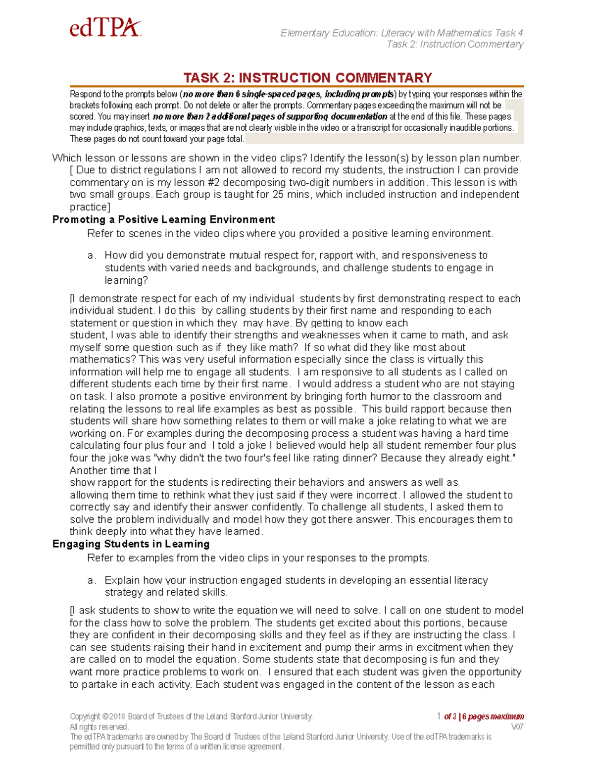 Task 2 Commentary Final Elementary Education Literacy With