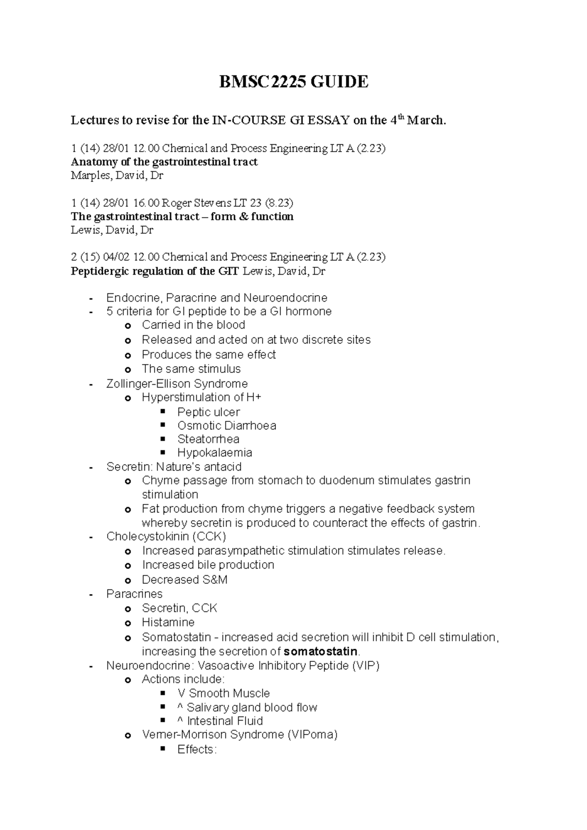 BMSC2225 - PoAaE Guide - GUIDE Lectures to revise for the GI ESSAY on ...
