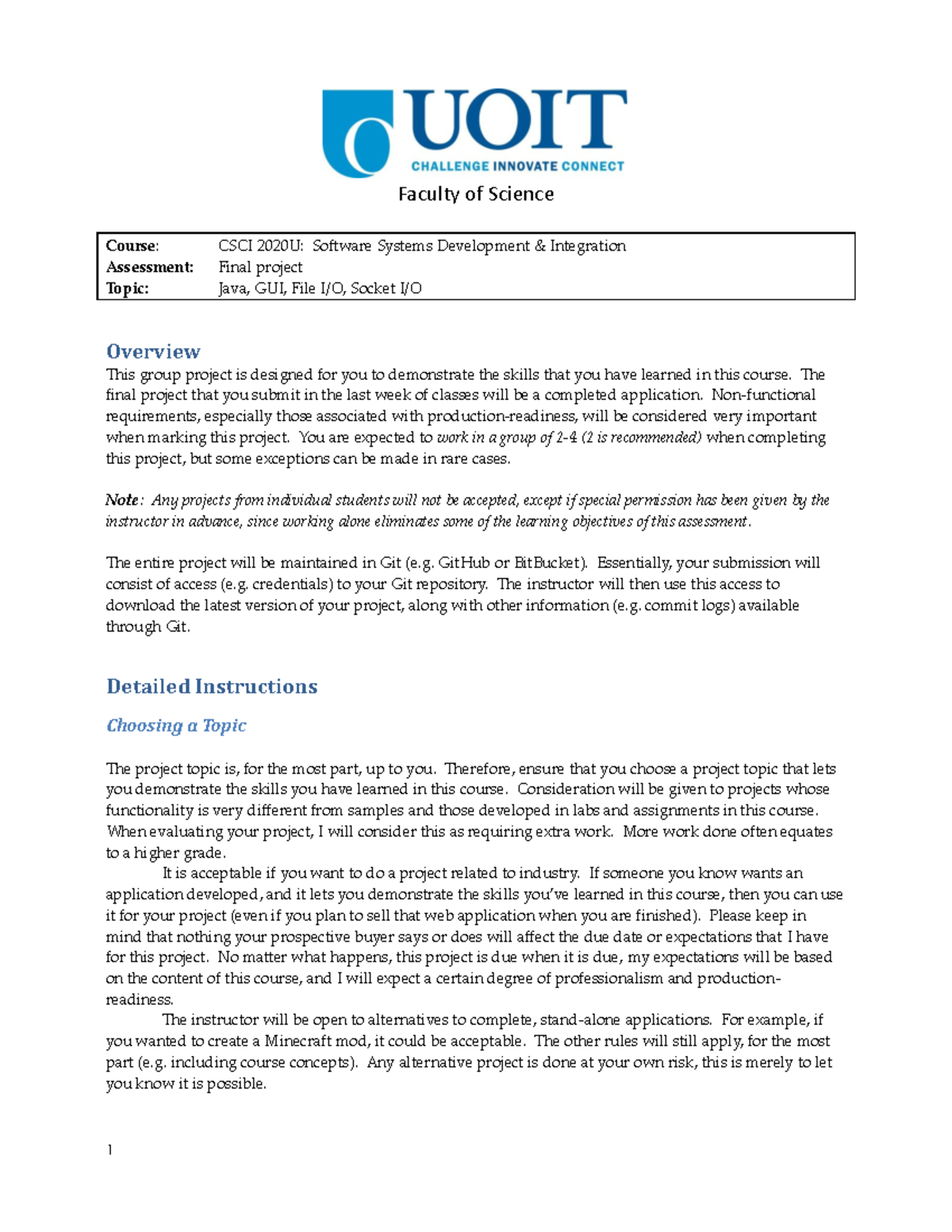 Practical Assessment Final Project 1 Faculty Of Science Course Csci 2020u Software Systems