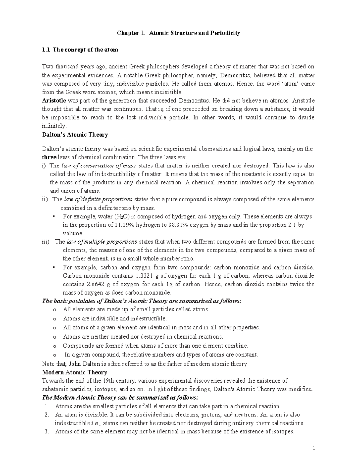 Chapter 1 Atomic structure and Periodicity - Chapter 1. Atomic ...