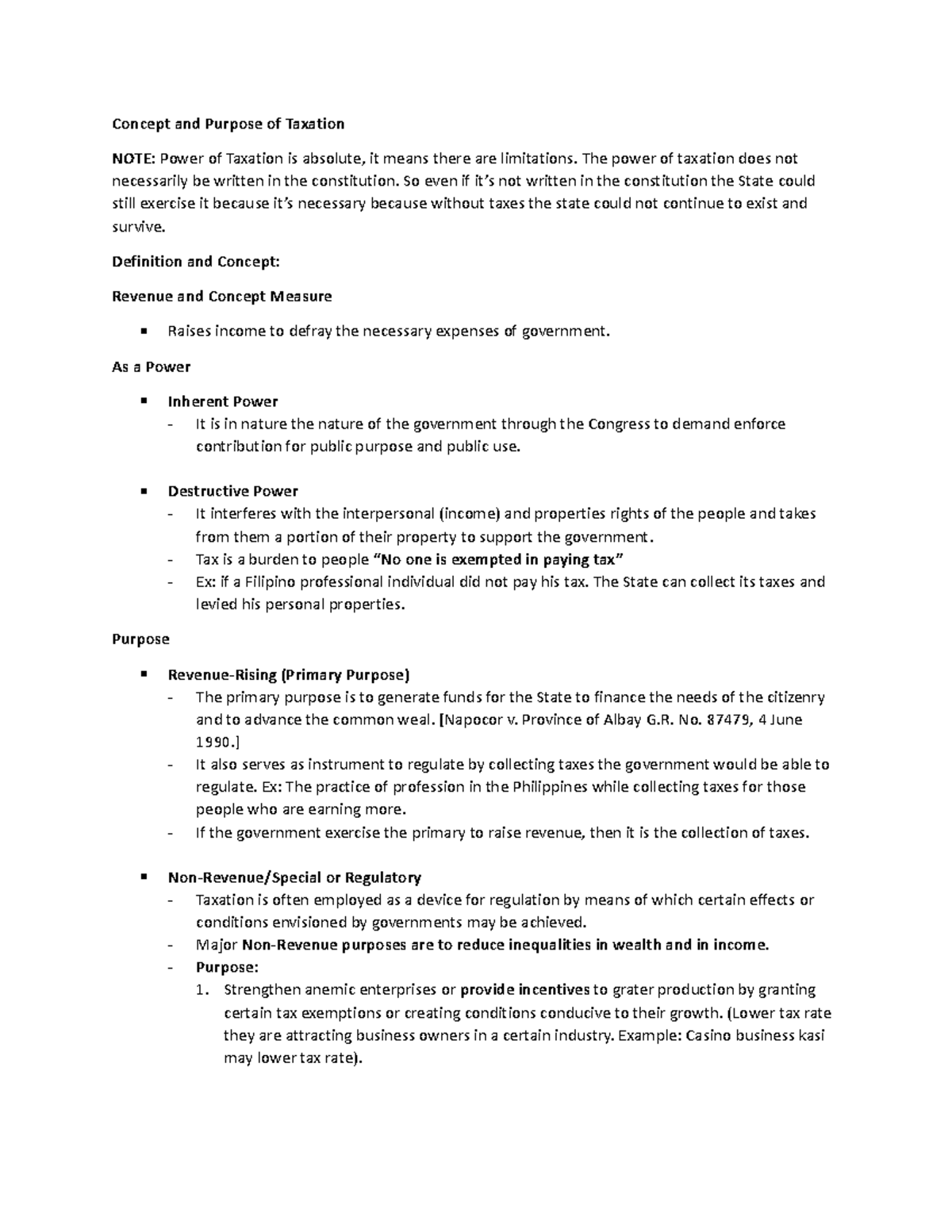 Concept of Taxation - Concept and Purpose of Taxation NOTE: Power of ...