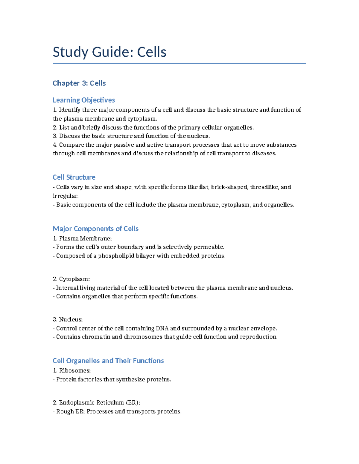 Study Guide Cells - Study Guide: Cells Chapter 3: Cells Learning ...