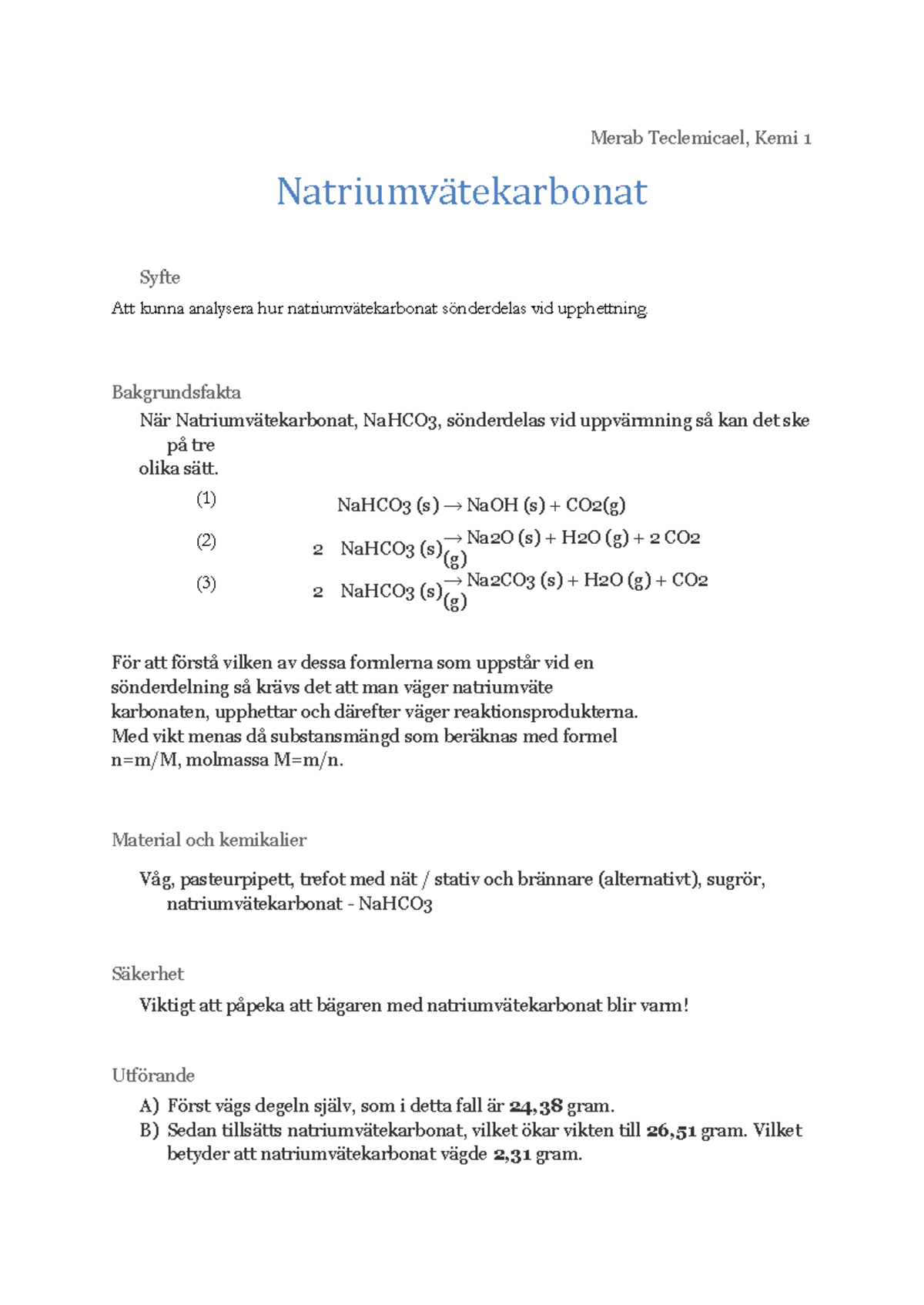 Kemi 1-Natriumvätekarbonat-Labb - Merab Teclemicael, Kemi 1 ...