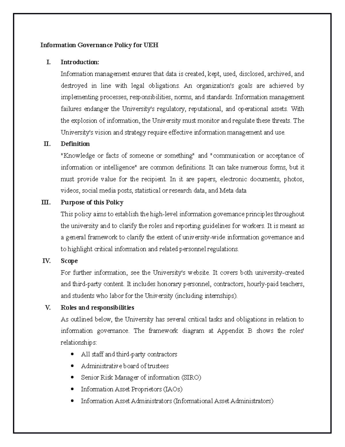 Abc - Information Governance Policy for UEH I. Introduction ...