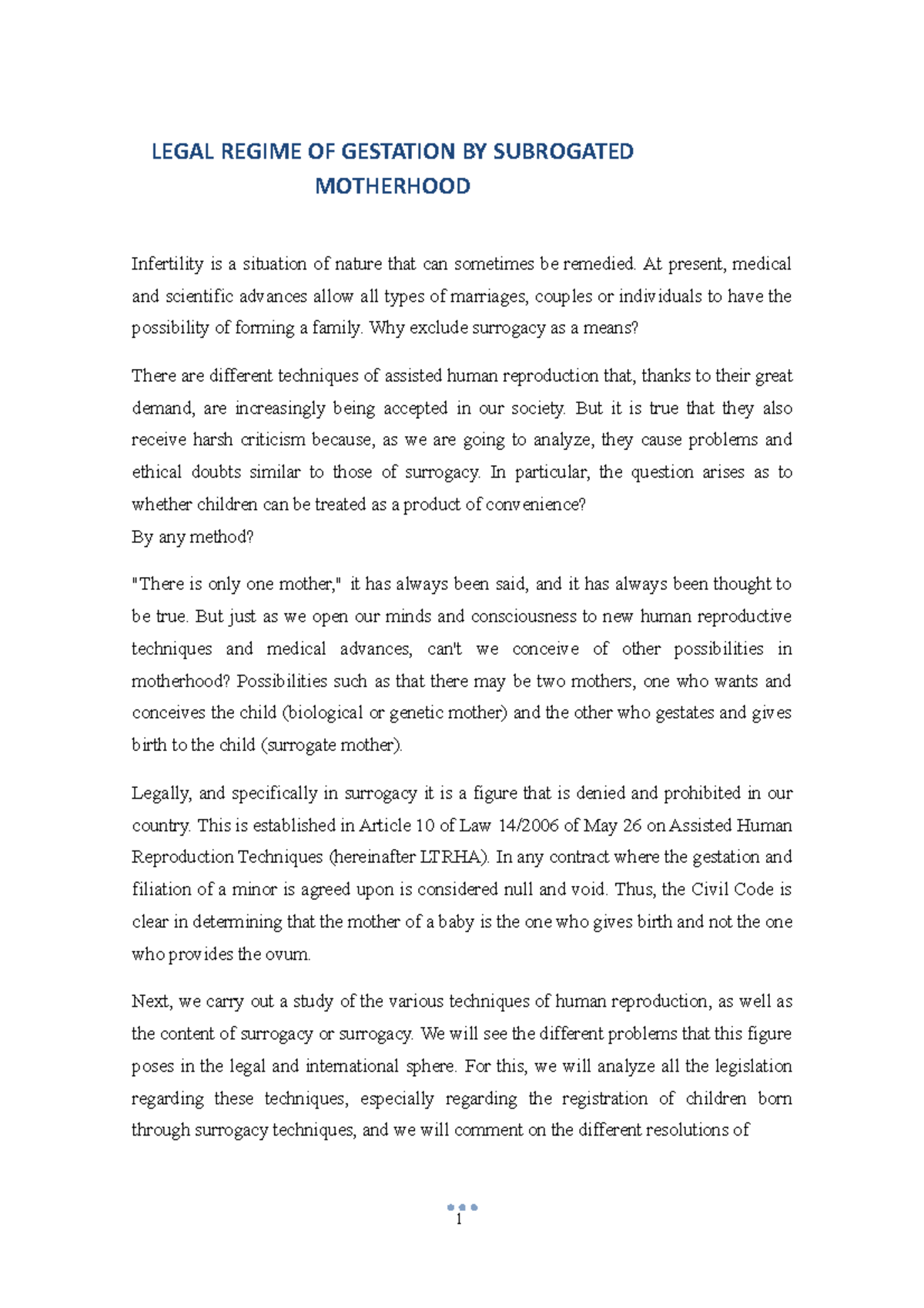 Legal Regime OF Gestation BY Subrogated Motherhood - 1 LEGAL REGIME OF ...