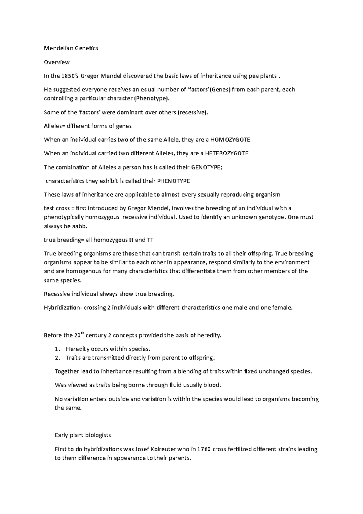Mendelian Genetics - notes - Mendelian Geneics Overview In the 1850’s ...