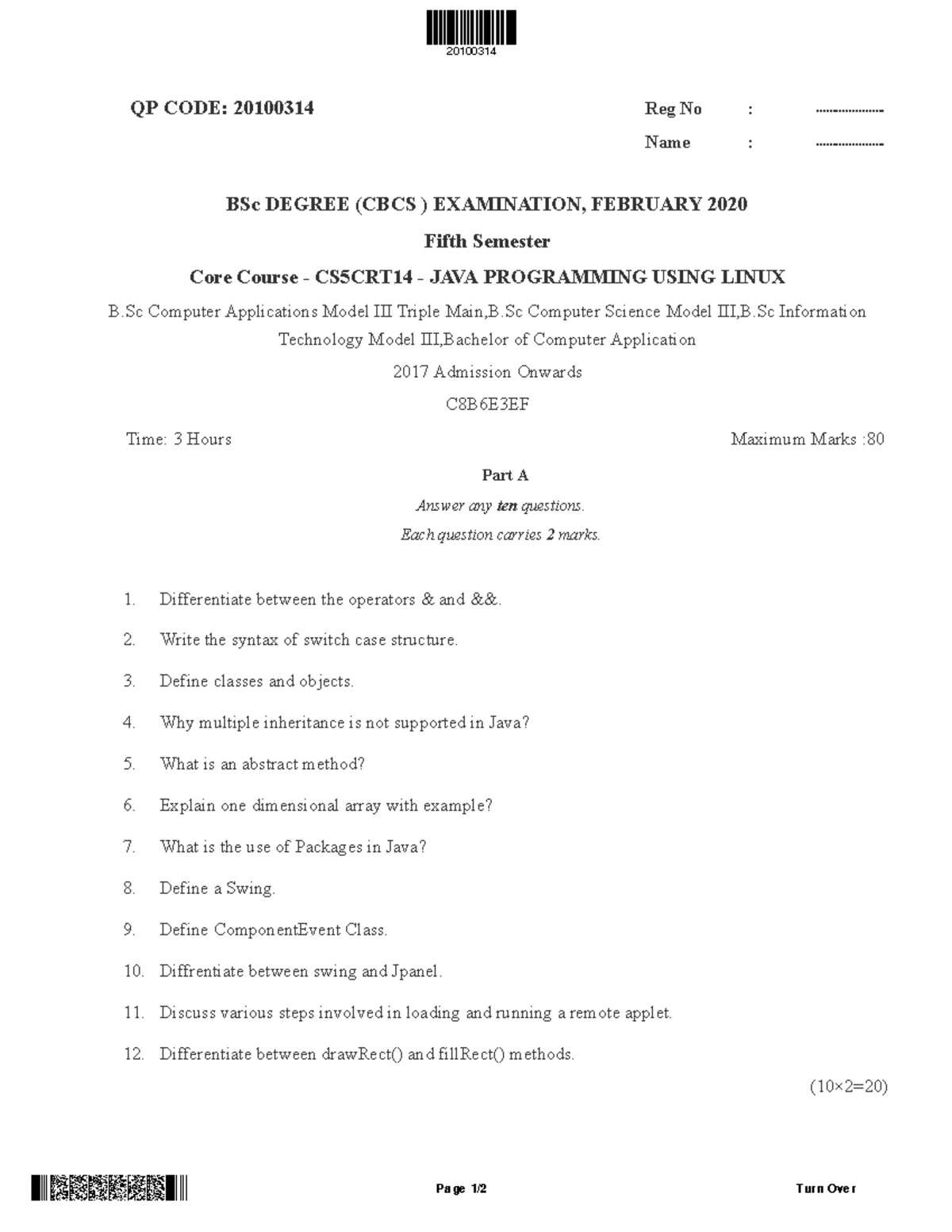 BCA5JPUL 2020 FEB JAVA Programming Using Linux - QP CODE: 20100314 Reg No ...