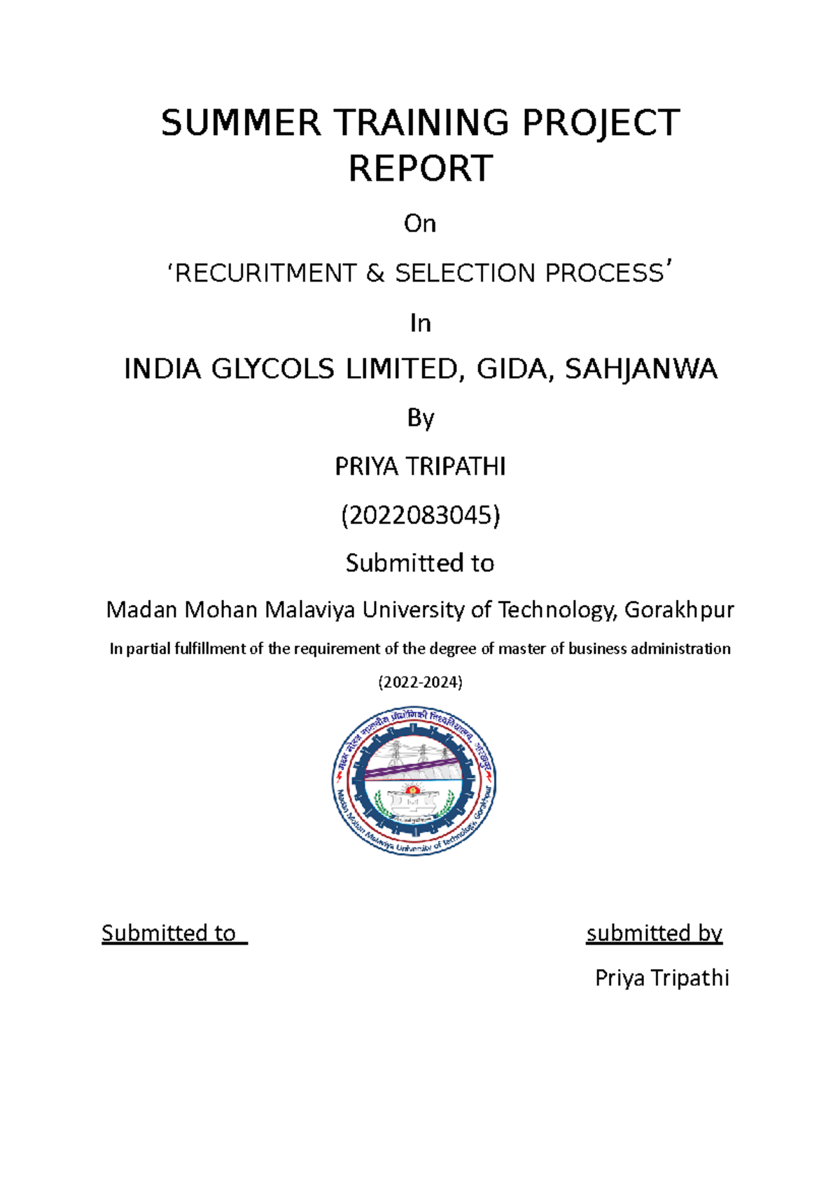 Summer Training Project Report - SUMMER TRAINING PROJECT REPORT On ...