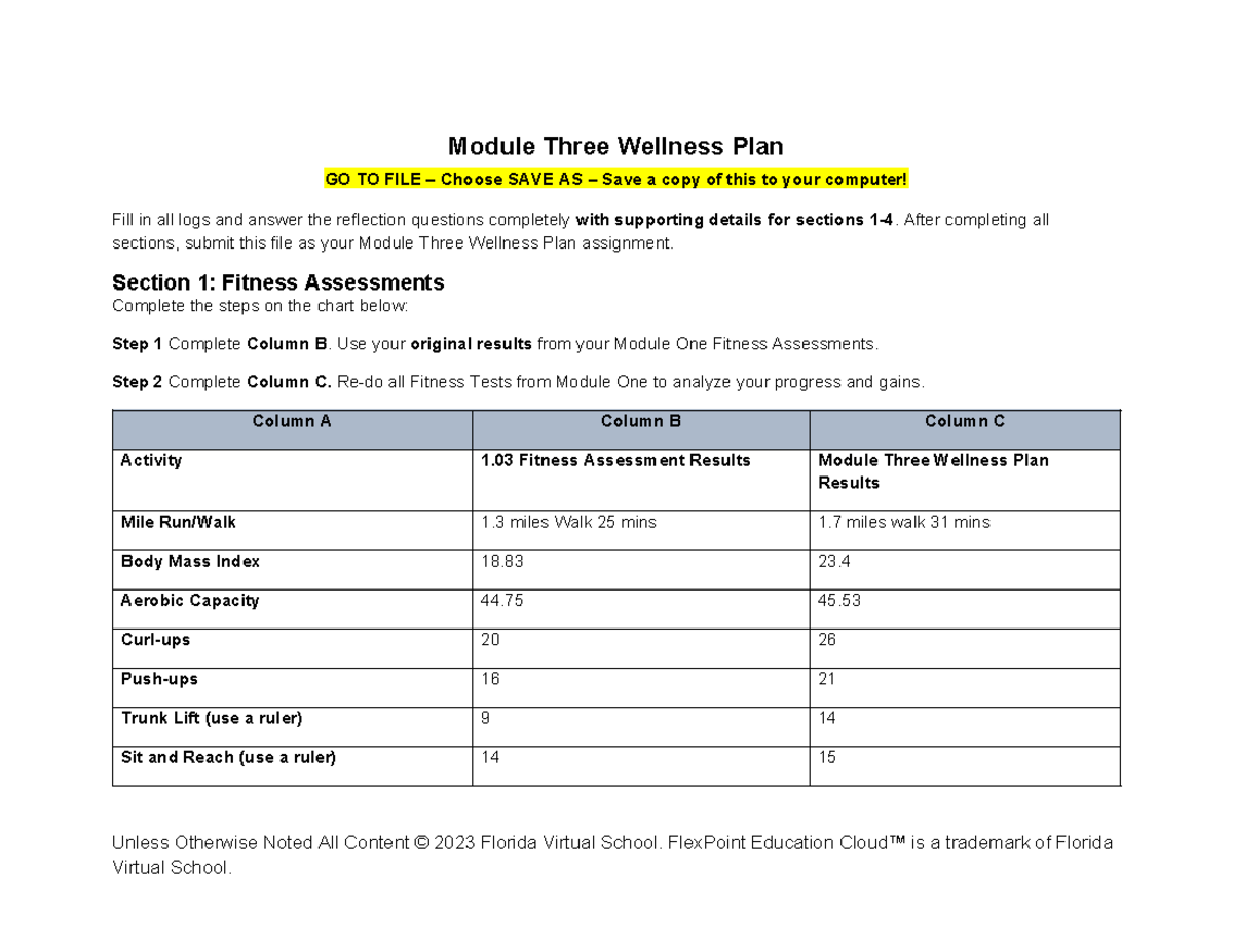 Module three wellness plan - Module Three Wellness Plan GO TO FILE ...