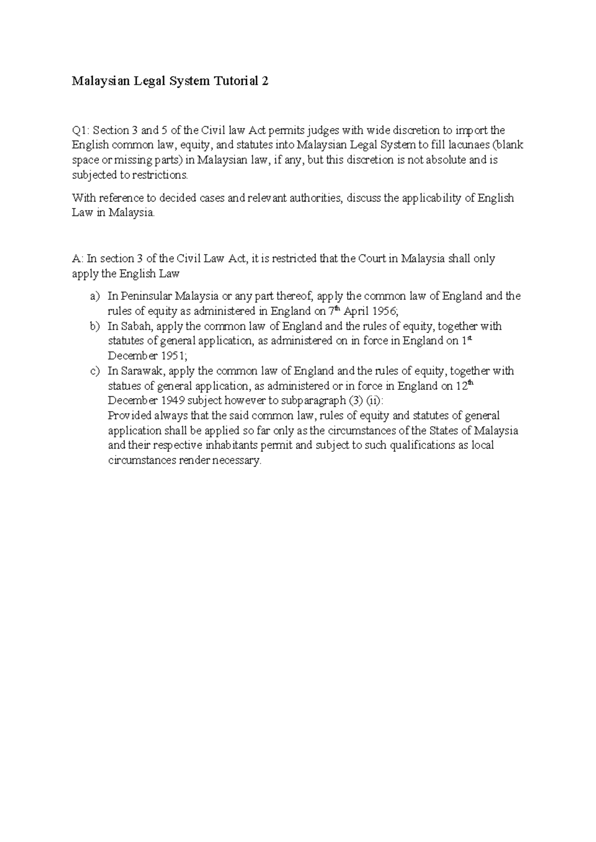 Malaysian Legal System Tutorial 1 - With reference to decided cases and relevant authorities ...