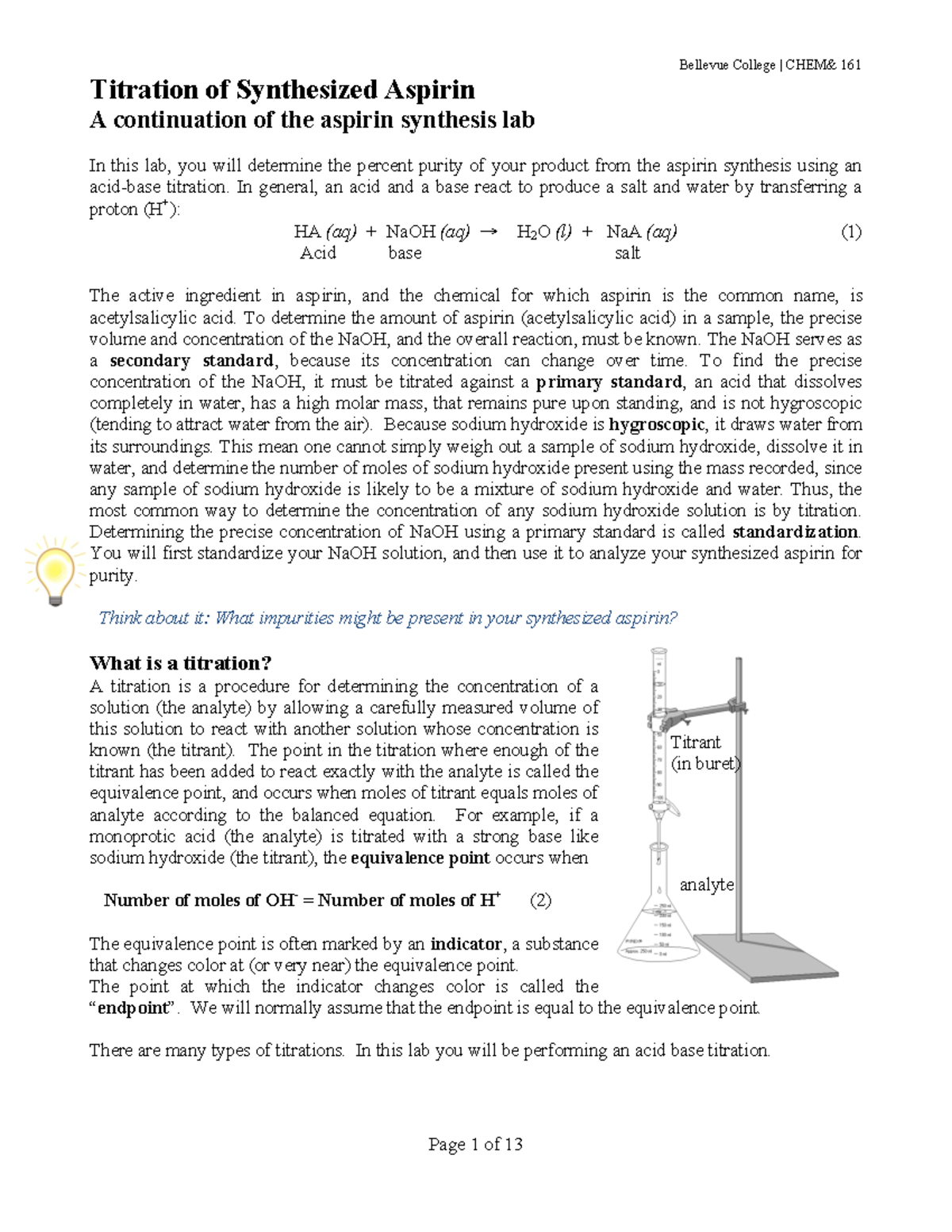 161lab Aspirin-purity Updated PSGF 8-23-2016 - Titration of Synthesized ...