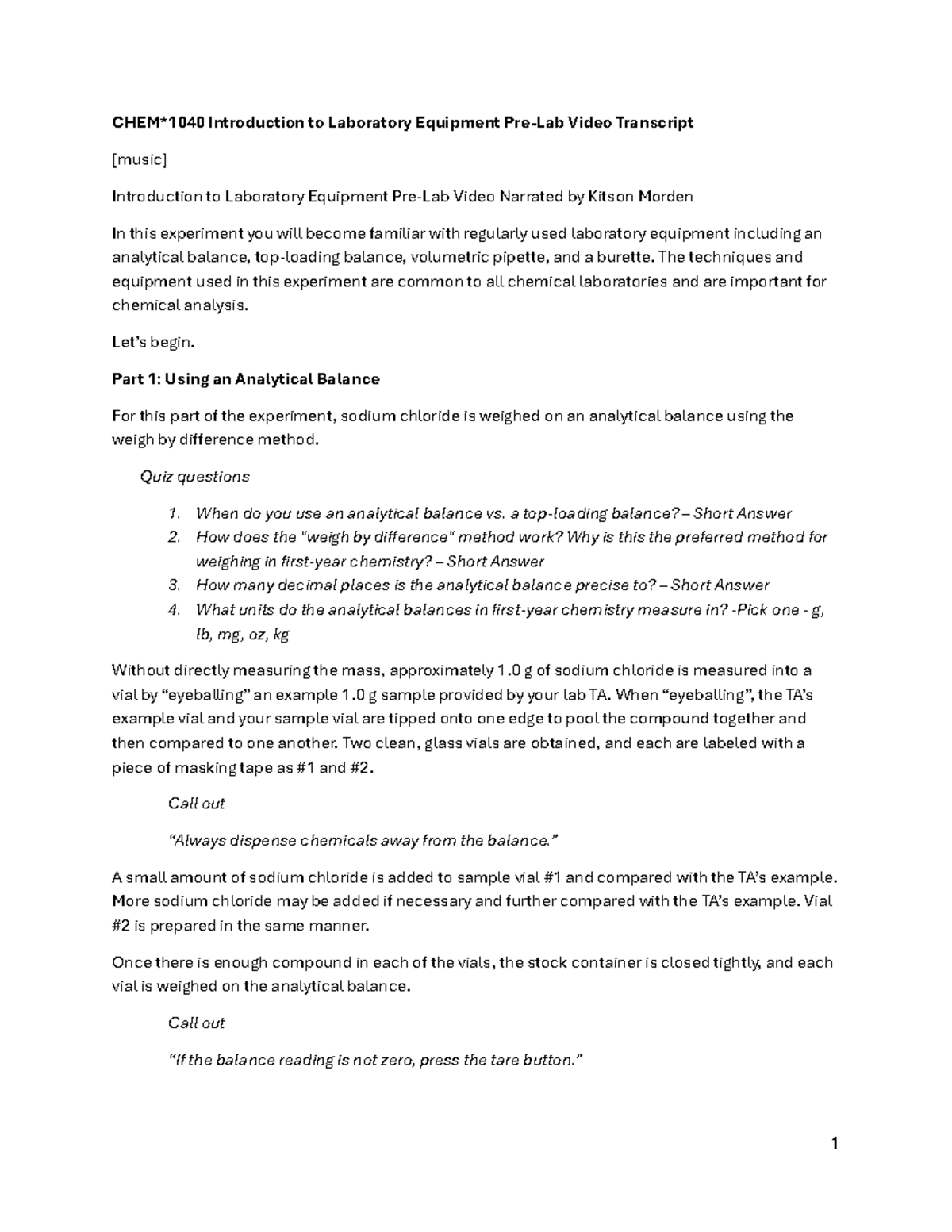 CHEM1040 Introductionto Laboratory Equipment Pre-Lab Video Transcript ...