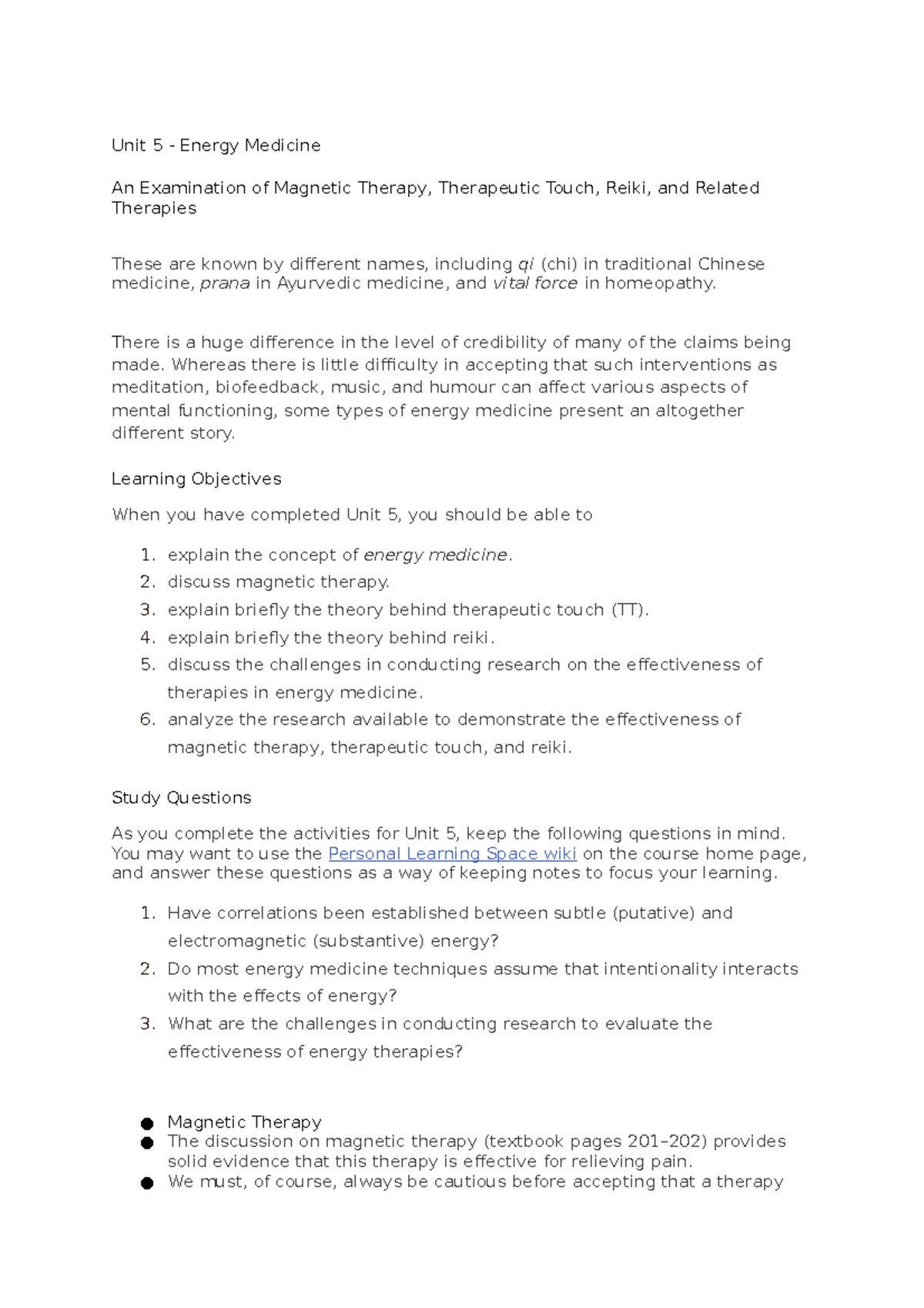 HLST 301 - Unit 5 - Unit 5 Energy Medicine An Examination of Magnetic ...