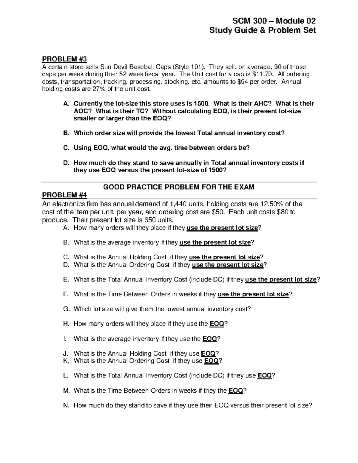 SCM300 M2 Problem Set Problems 3 and 4 - SCM 300 – Module 02 Study Guide & Problem Set PROBLEM A ...